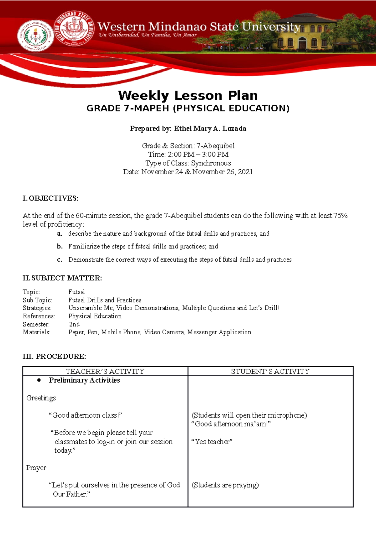Weekly Lesson Plan 7 Abequibel Badminton Ethel Mary Lozada - Weekly ...