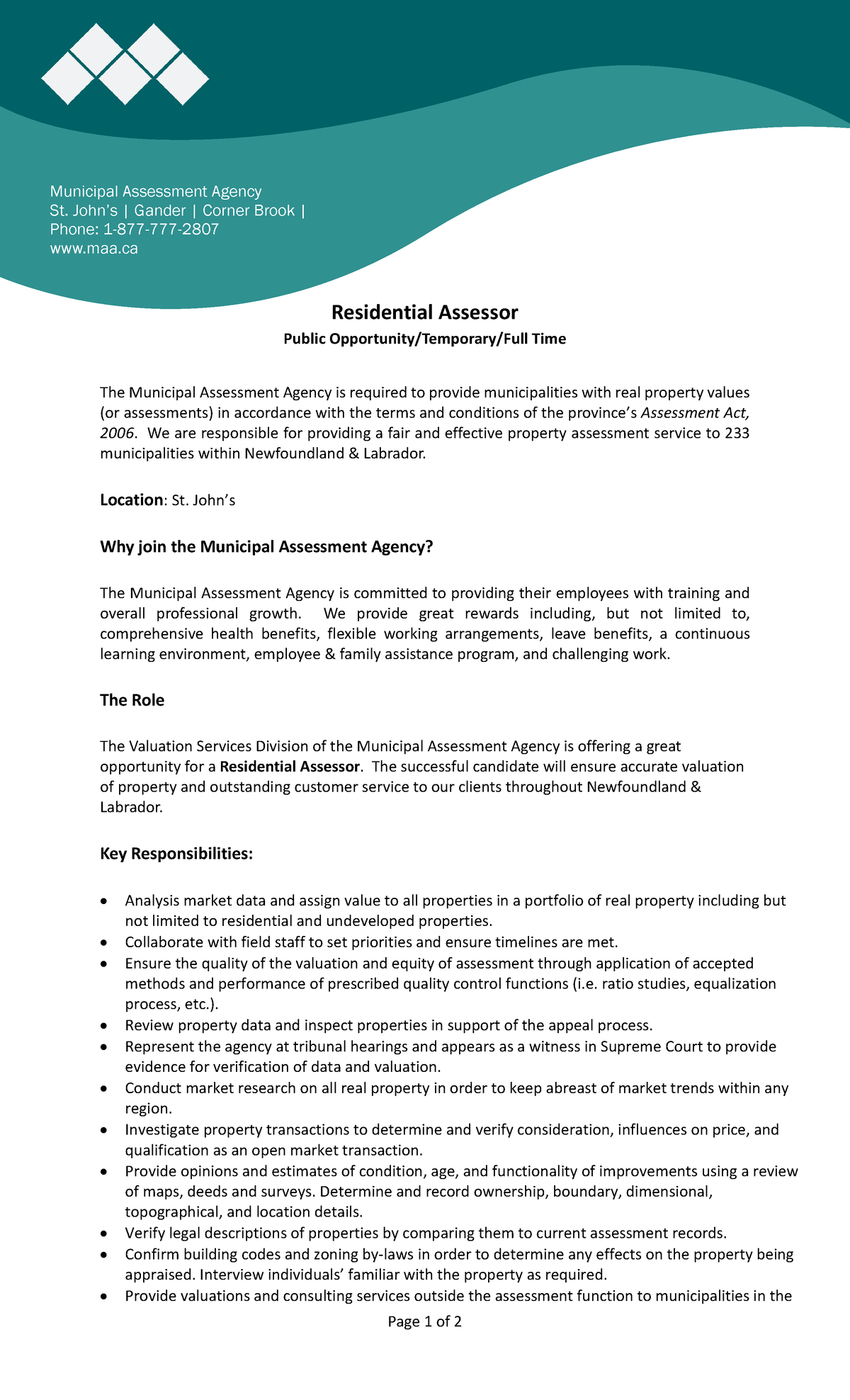 Residential Assessor (Open) - Page 1 of 2 Municipal Assessment Agency ...