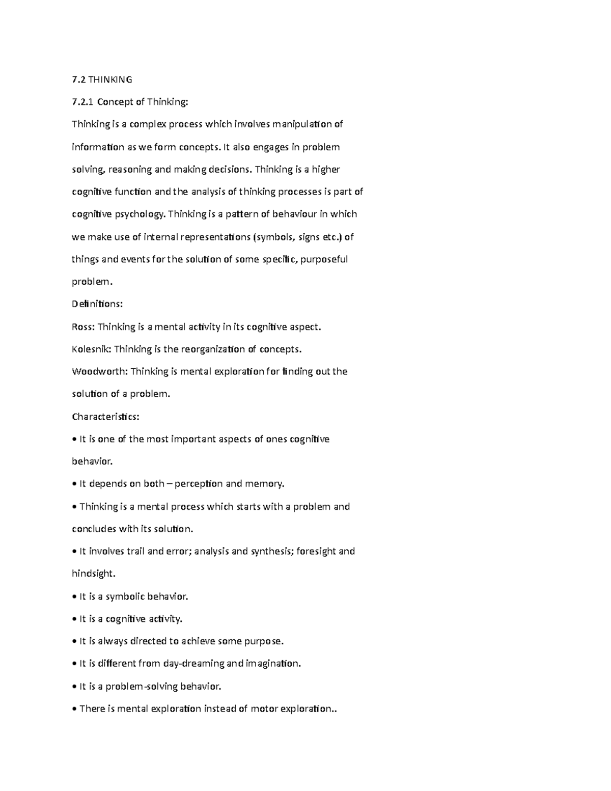 PSYC 141 - PSYC 141 NOTES - 7 THINKING 7.2 Concept of Thinking ...