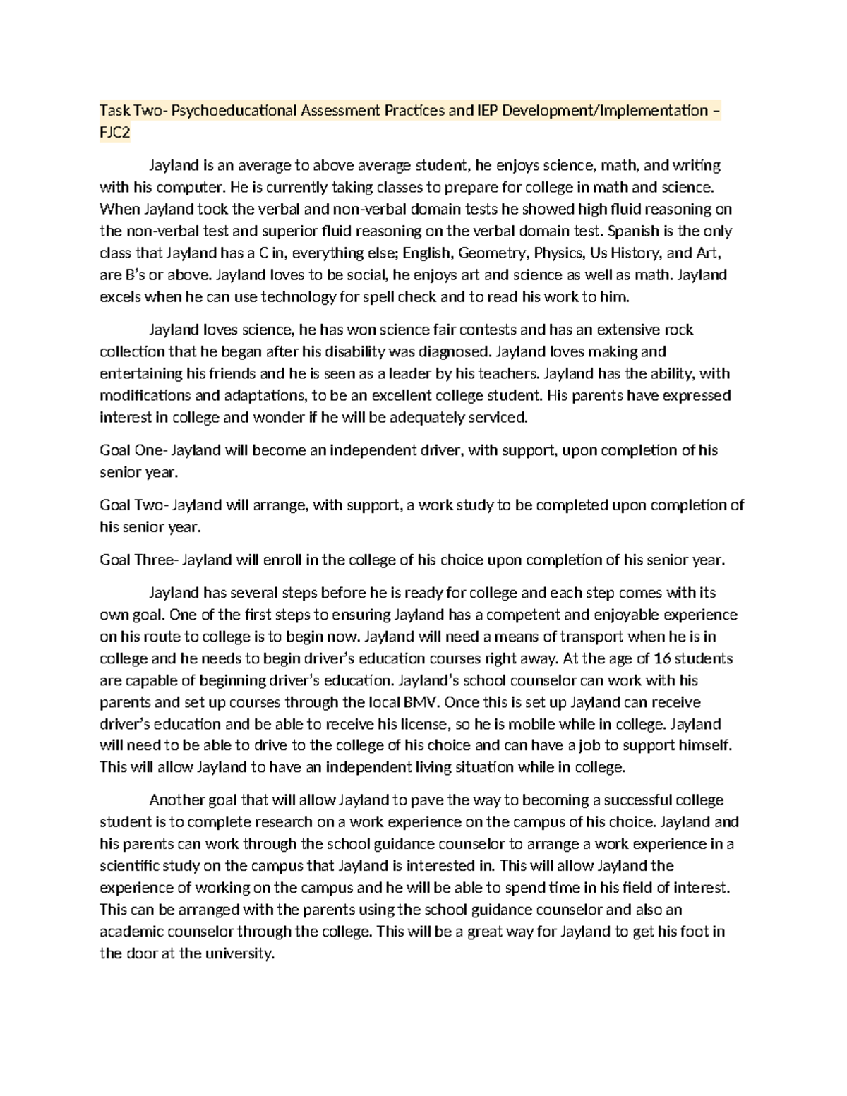 FJC2 Task 2 - Task 2 - Task Two- Psychoeducational Assessment Practices and IEP - Studocu