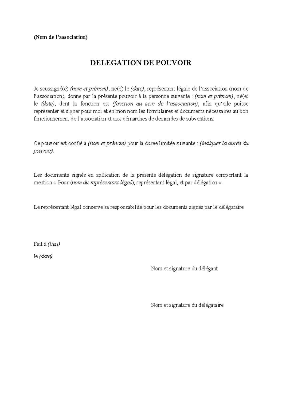 Modele Delegation De Pouvoir Nom De Lassociation Delegation De Pouvoir Je Soussignée Nom