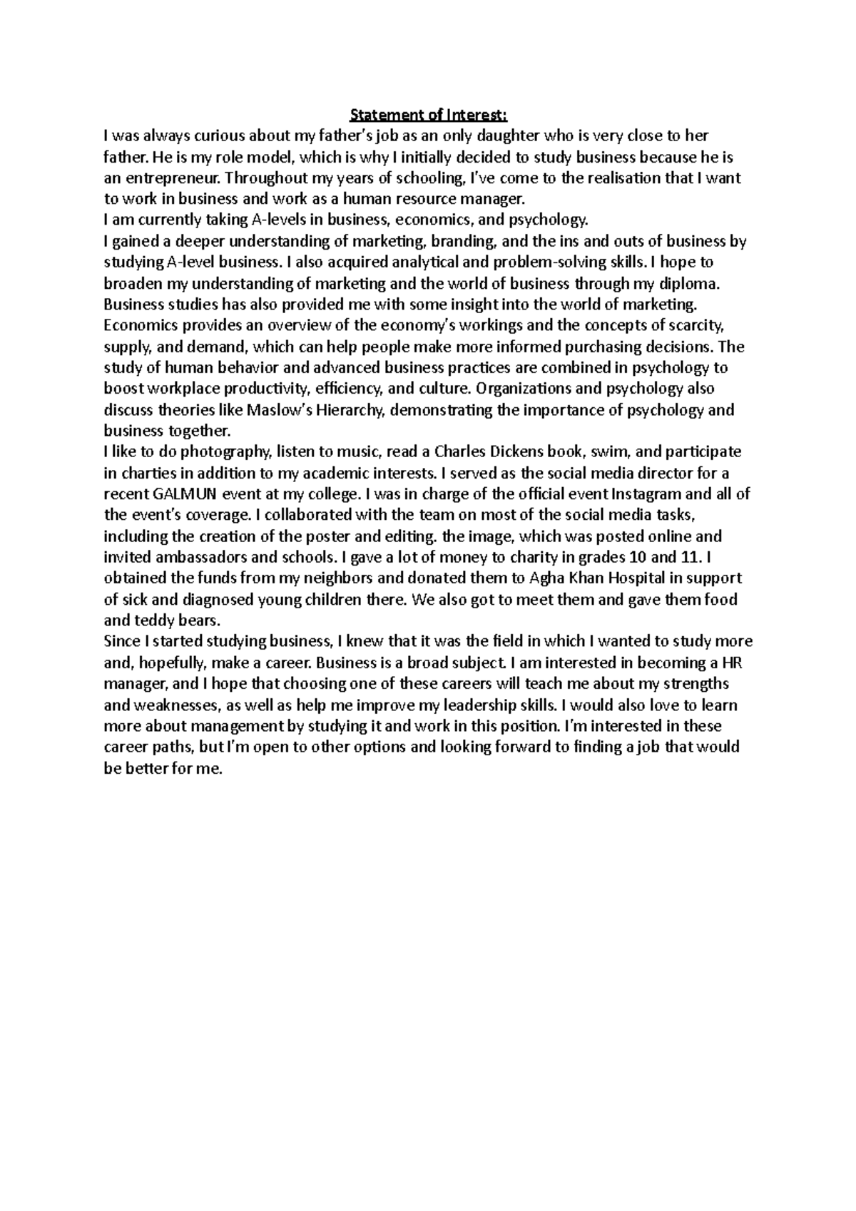 Statement of Interest - Test - Statement of Interest: I was always ...