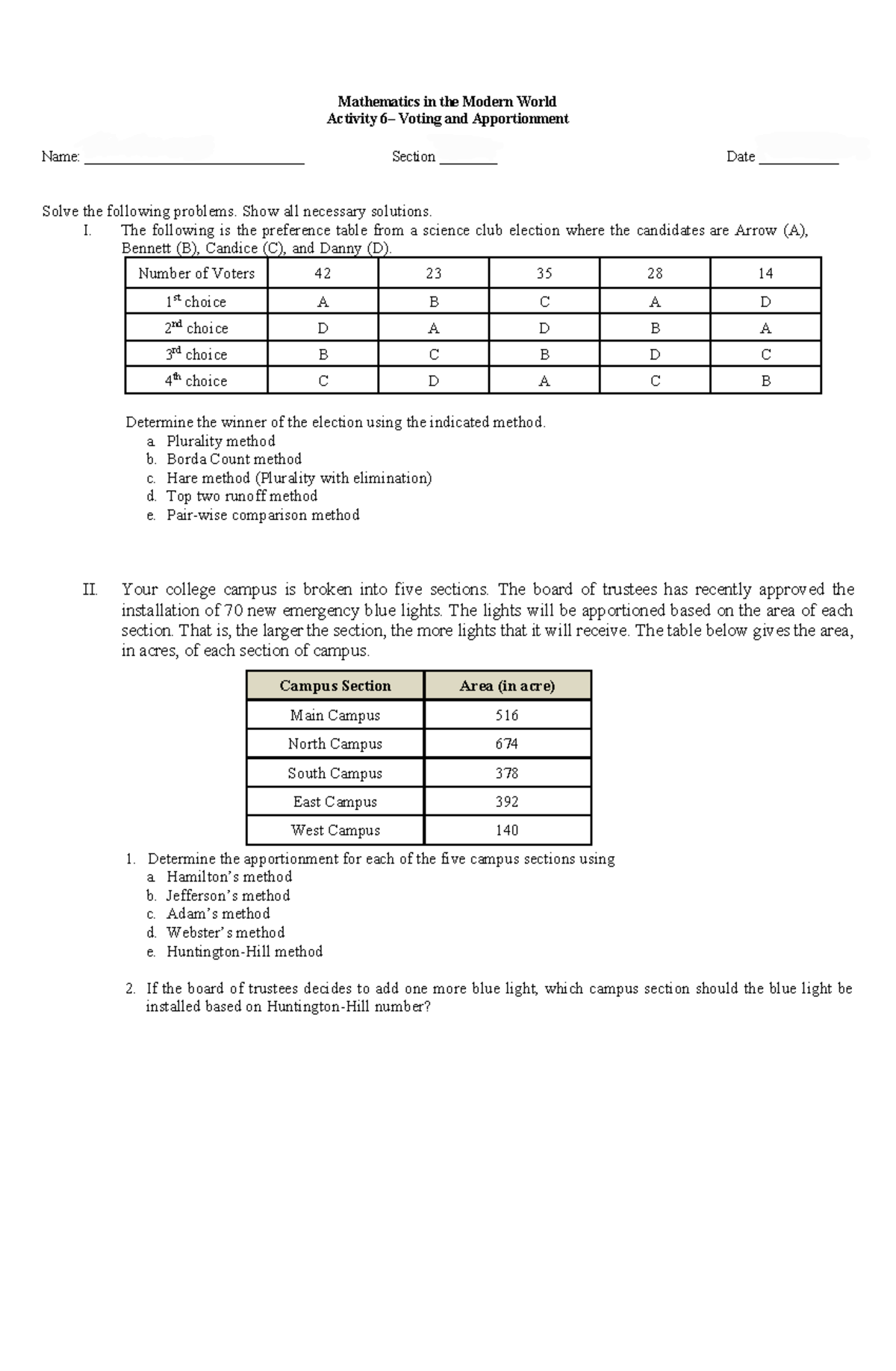 MMW Activity 5 Voting and Apportionment - Mathematics in the Modern ...
