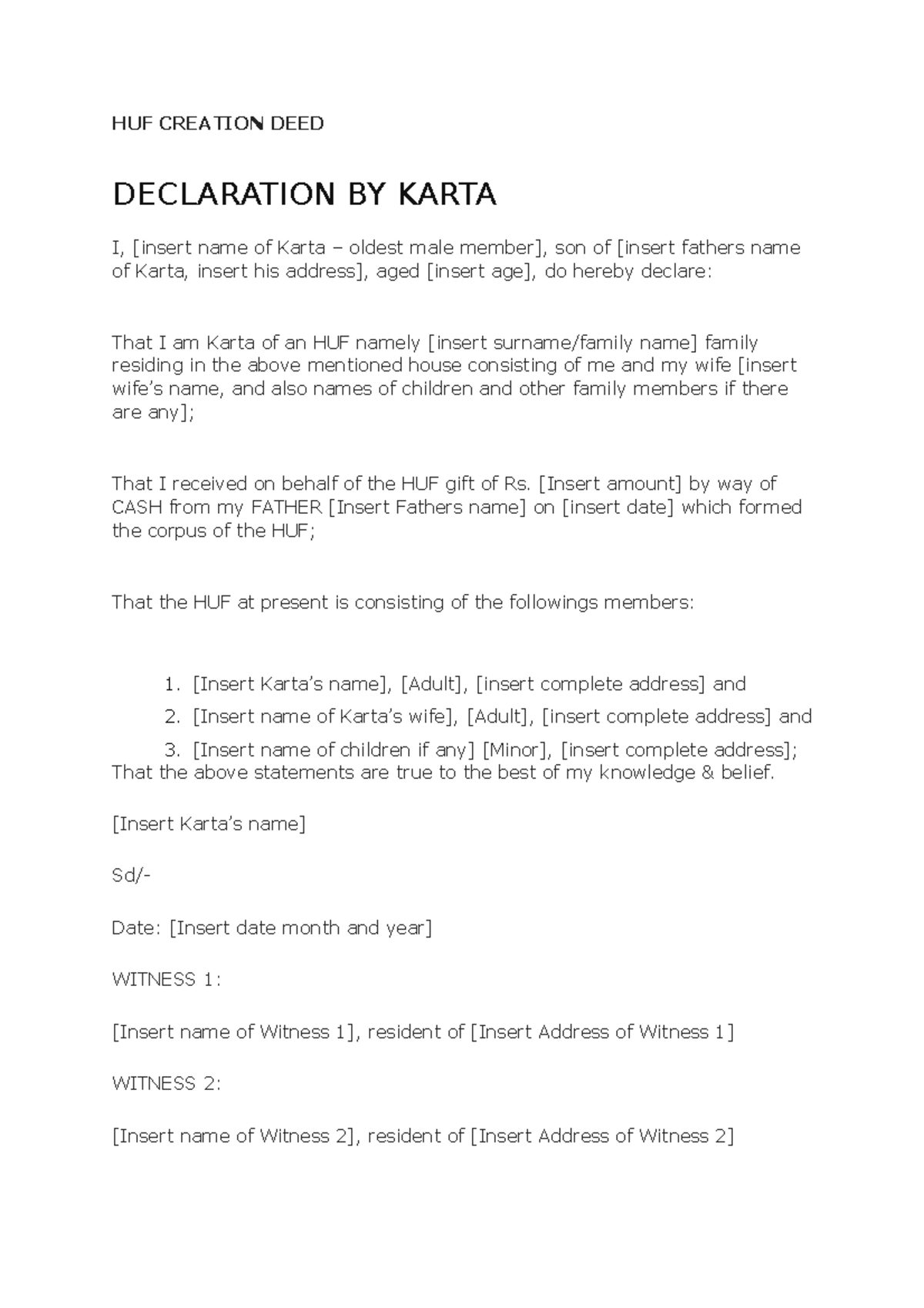 HUF Creation DEED Tax HUF CREATION DEED DECLARATION BY KARTA I