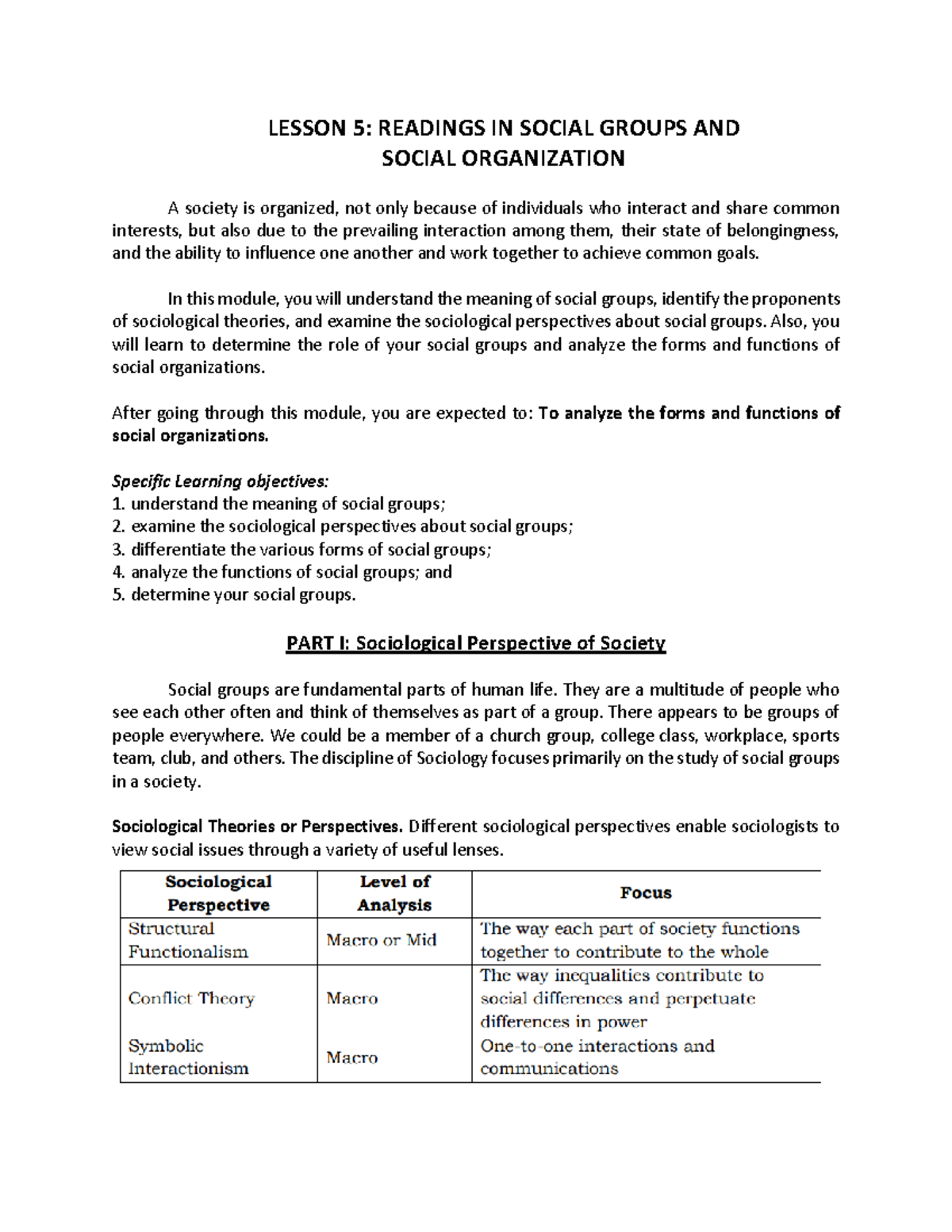 Readings IN Lesson 5 - LESSON 5: READINGS IN SOCIAL GROUPS AND SOCIAL ...