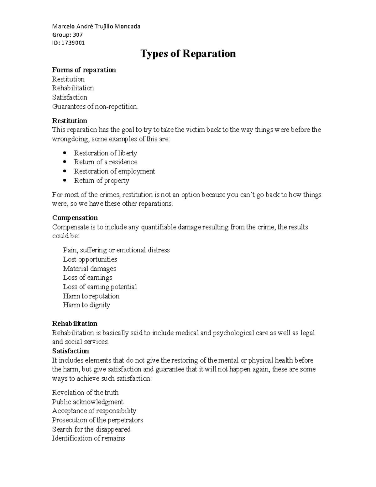 Types of Reparation - Marcelo André Trujillo Moncada Group: 307 ID ...
