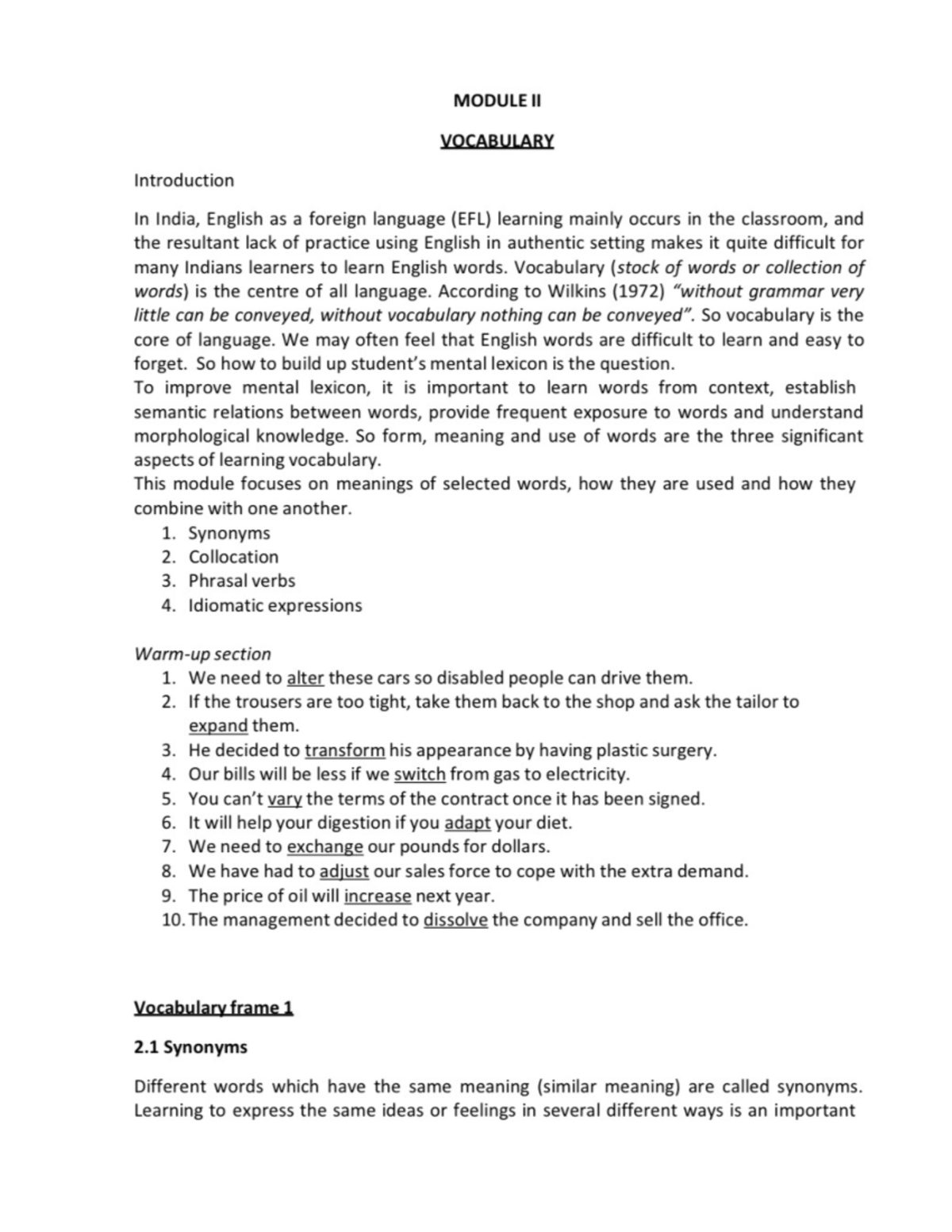 Module 2 - Synonyms Collocations Phrasal verbs Idiomatic expressions E ...