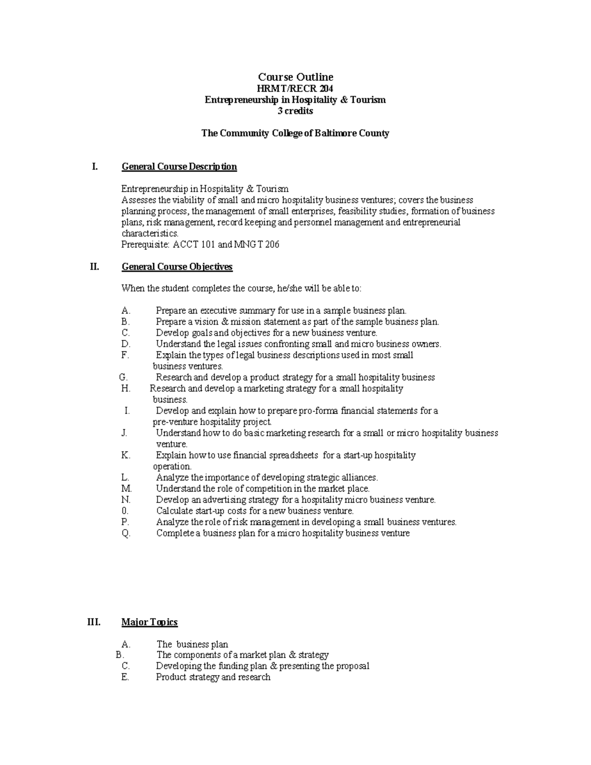 Ilide - tourism - Course Outline HRMT/RECR 204 Entrepreneurship in ...