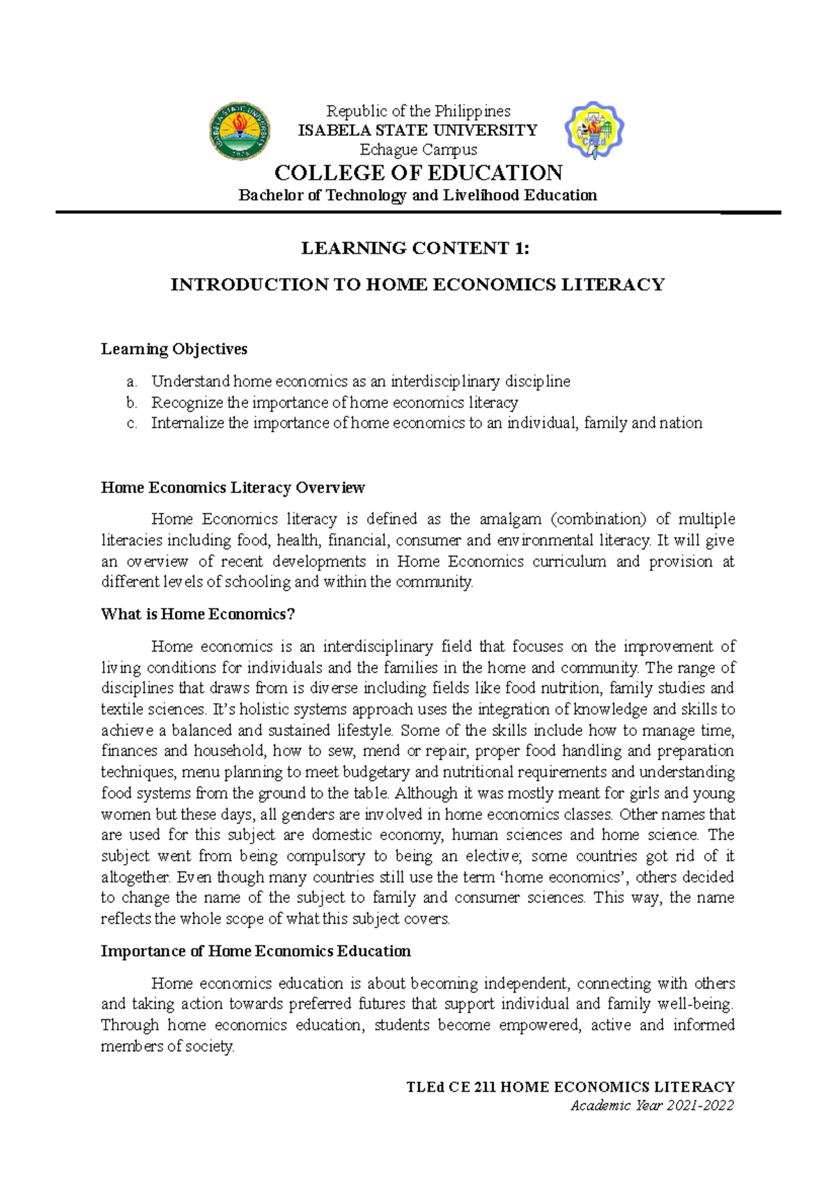 LM#1 HOME Economics Literacy - Republic of the Philippines ISABELA ...