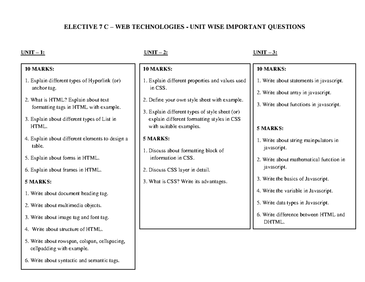 Web-technologies - important questions - ELECTIVE 7 C – WEB TECHNOLOGIES - UNIT WISE IMPORTANT ...