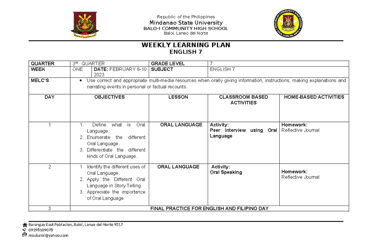 English 7 WLP 4th ALAG& Limpao - Mindanao State University BALO-I ...