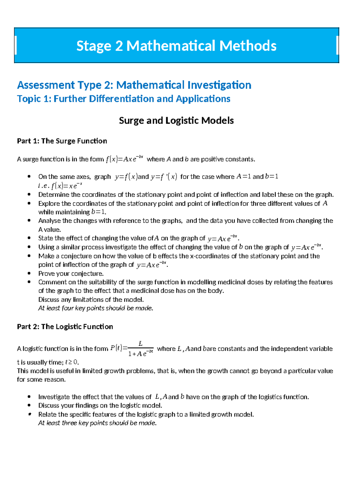 MM Folio Surge and Logistic Functions - Stage 2 Mathematical Methods Assessment Type 2 ...