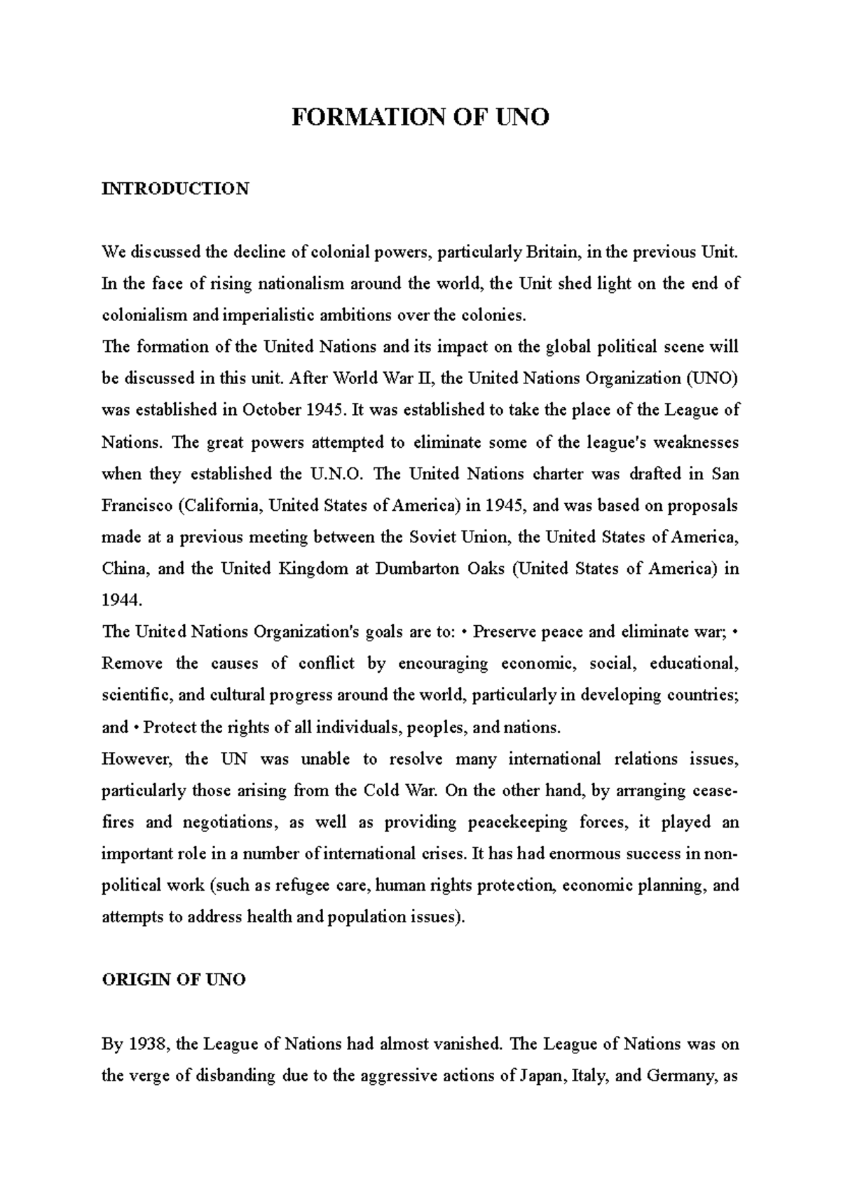 Formation OF UNO - Lecture notes 5 - FORMATION OF UNO INTRODUCTION We ...