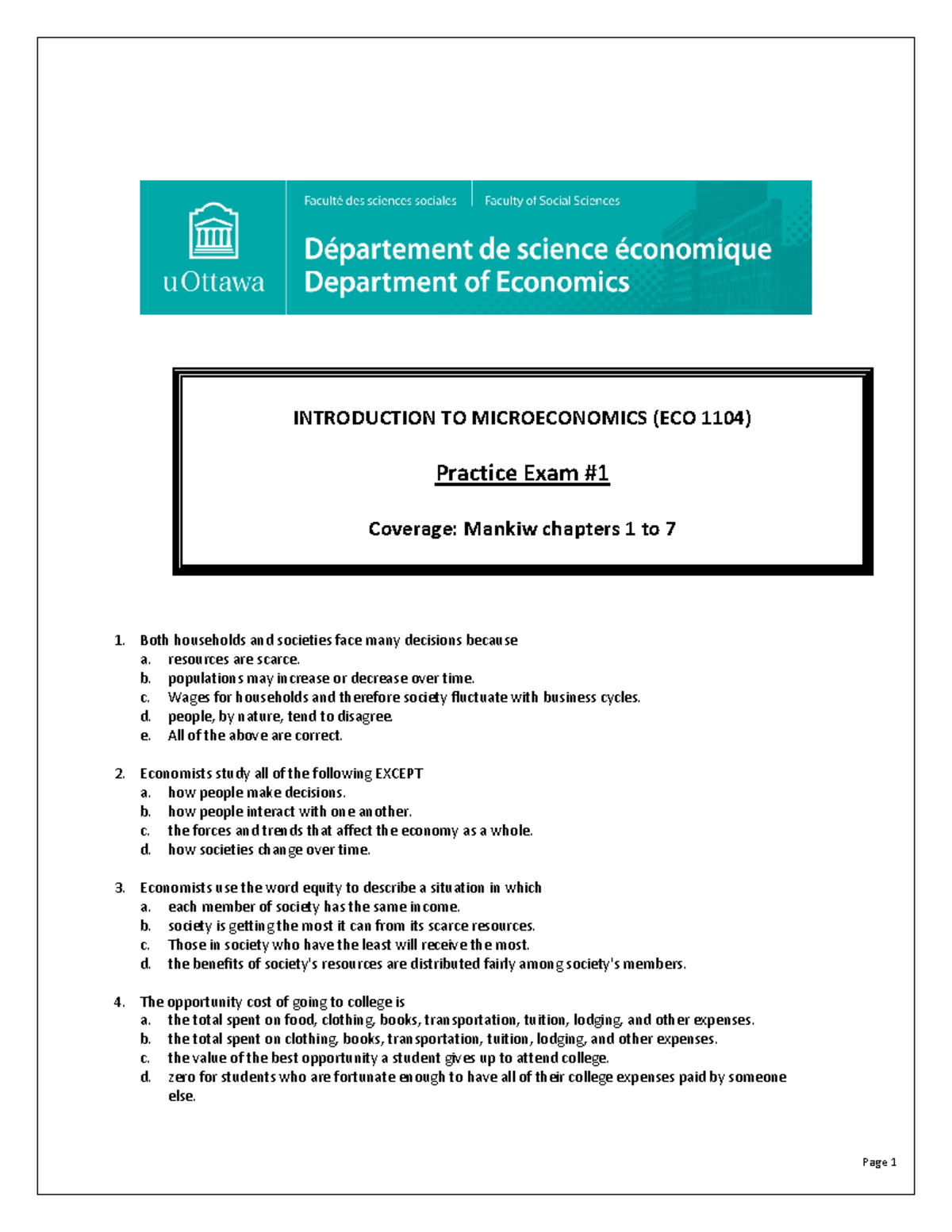 Practice Exam 1 2017, questions and answers - INTRODUCTION TO ...