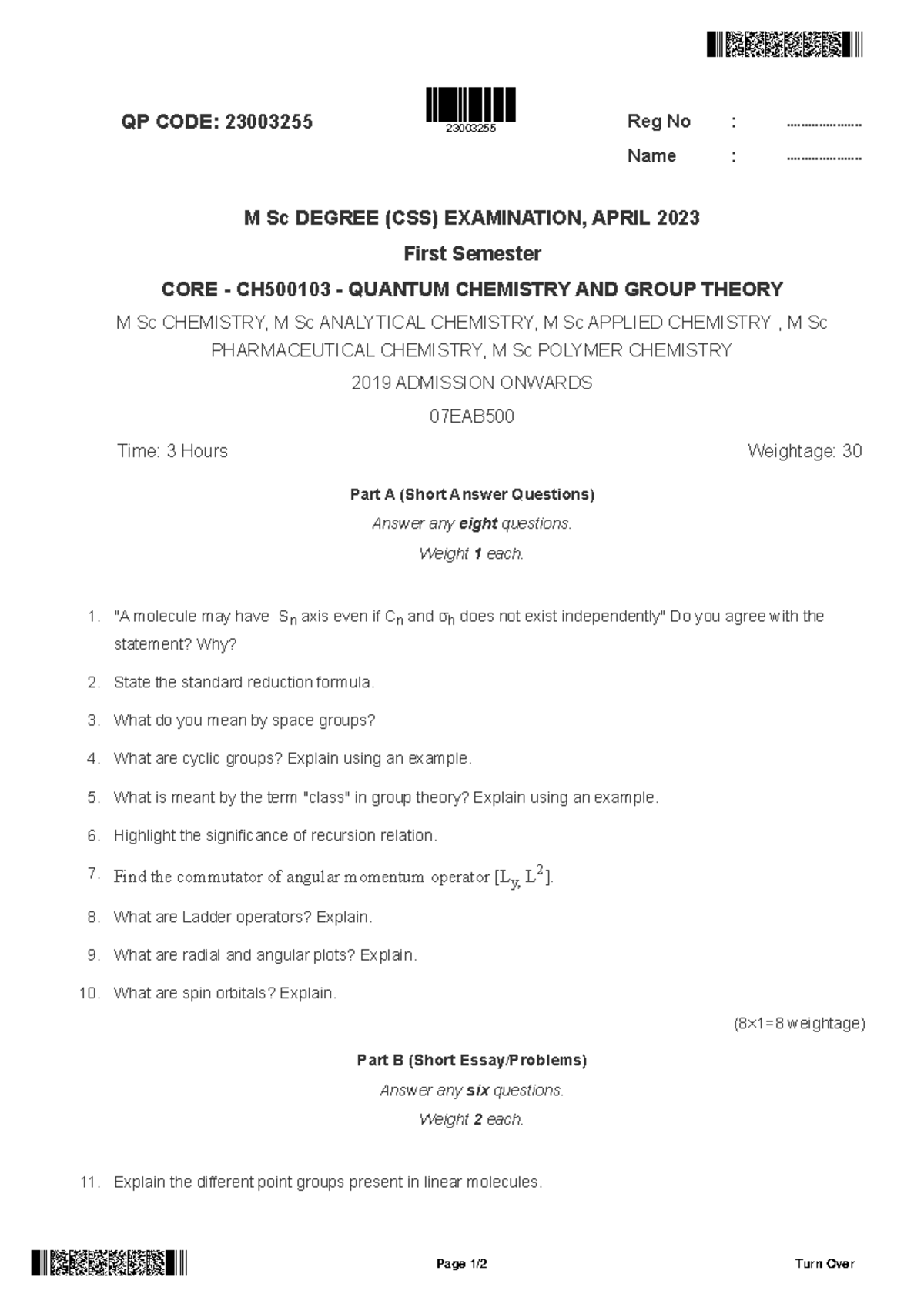 23003255 - Previous year questions - QP CODE: 23003255 Reg No : ..................... Name ...