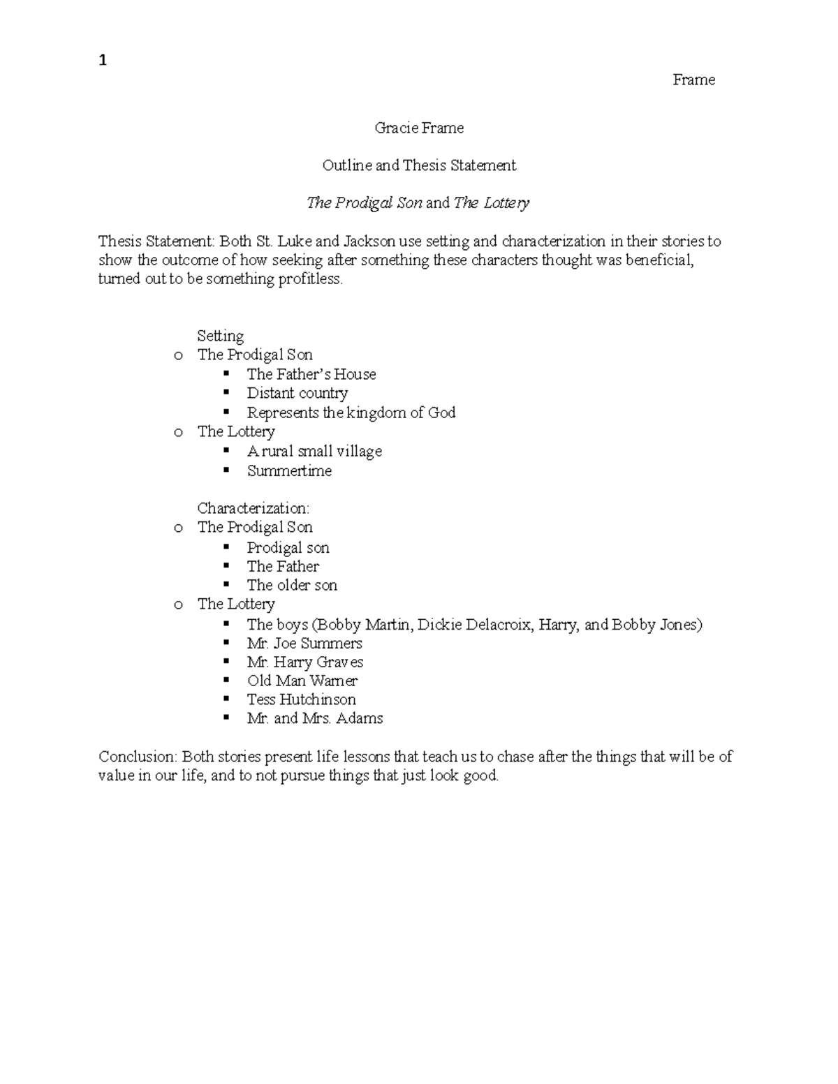 Outline and Thesis Statement - 1 Frame Gracie Frame Outline and Thesis ...