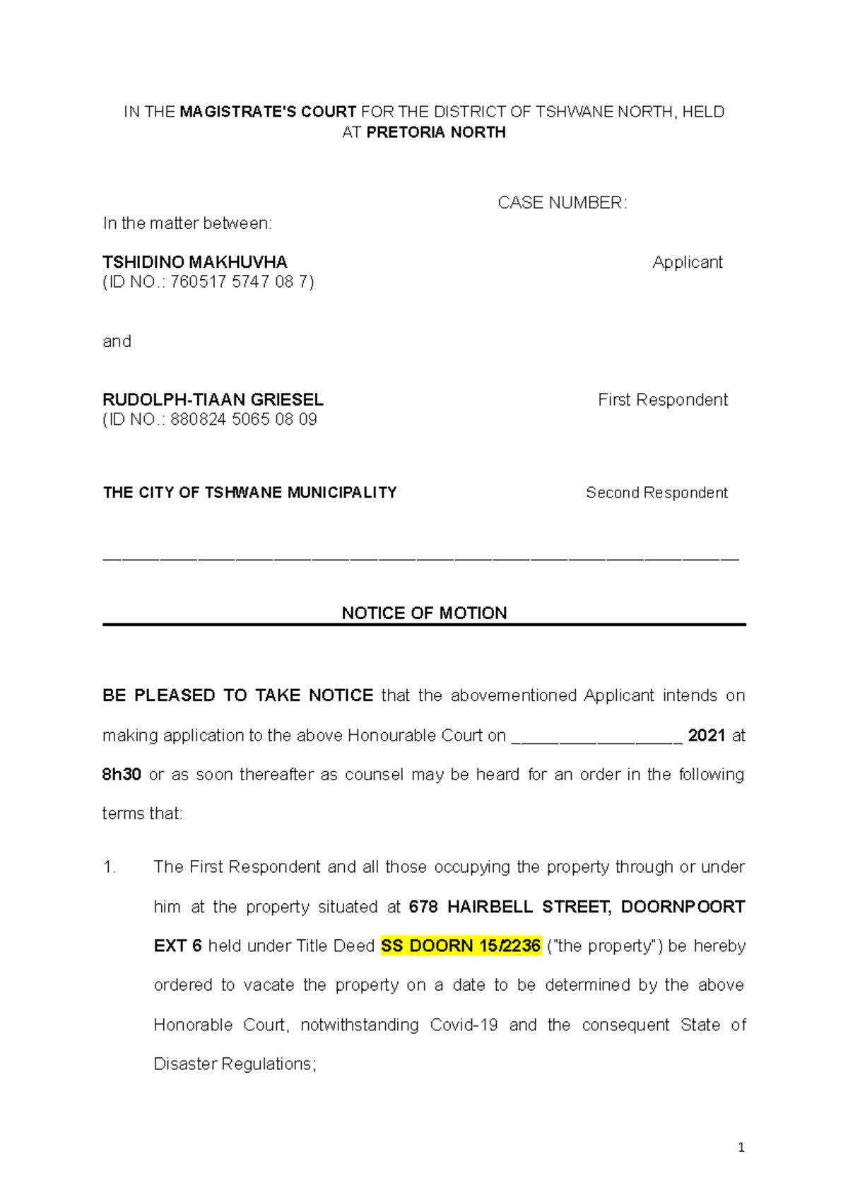 MAK1.001 NOM (main application) - IN THE MAGISTRATE'S COURT FOR THE ...