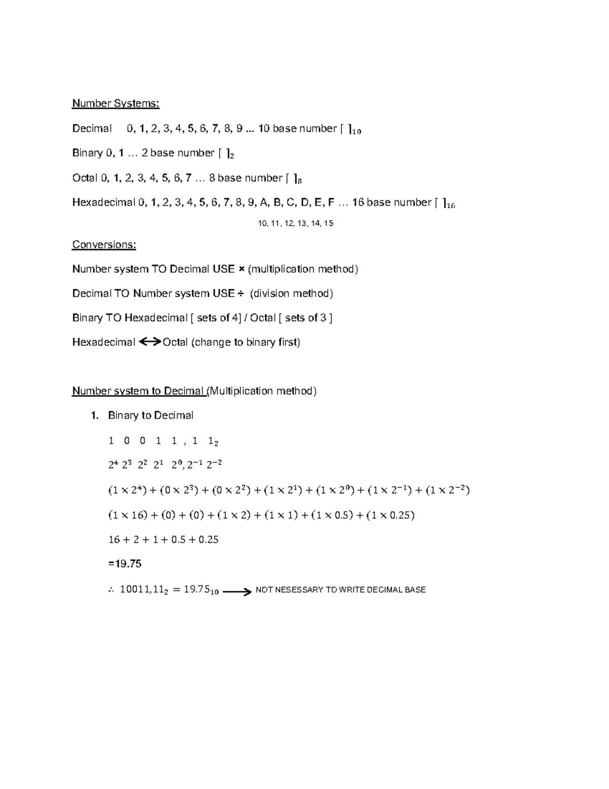 Notes - Conversions 1 - Number Systems: Decimal 0, 1, 2, 3, 4, 5, 6, 7 ...