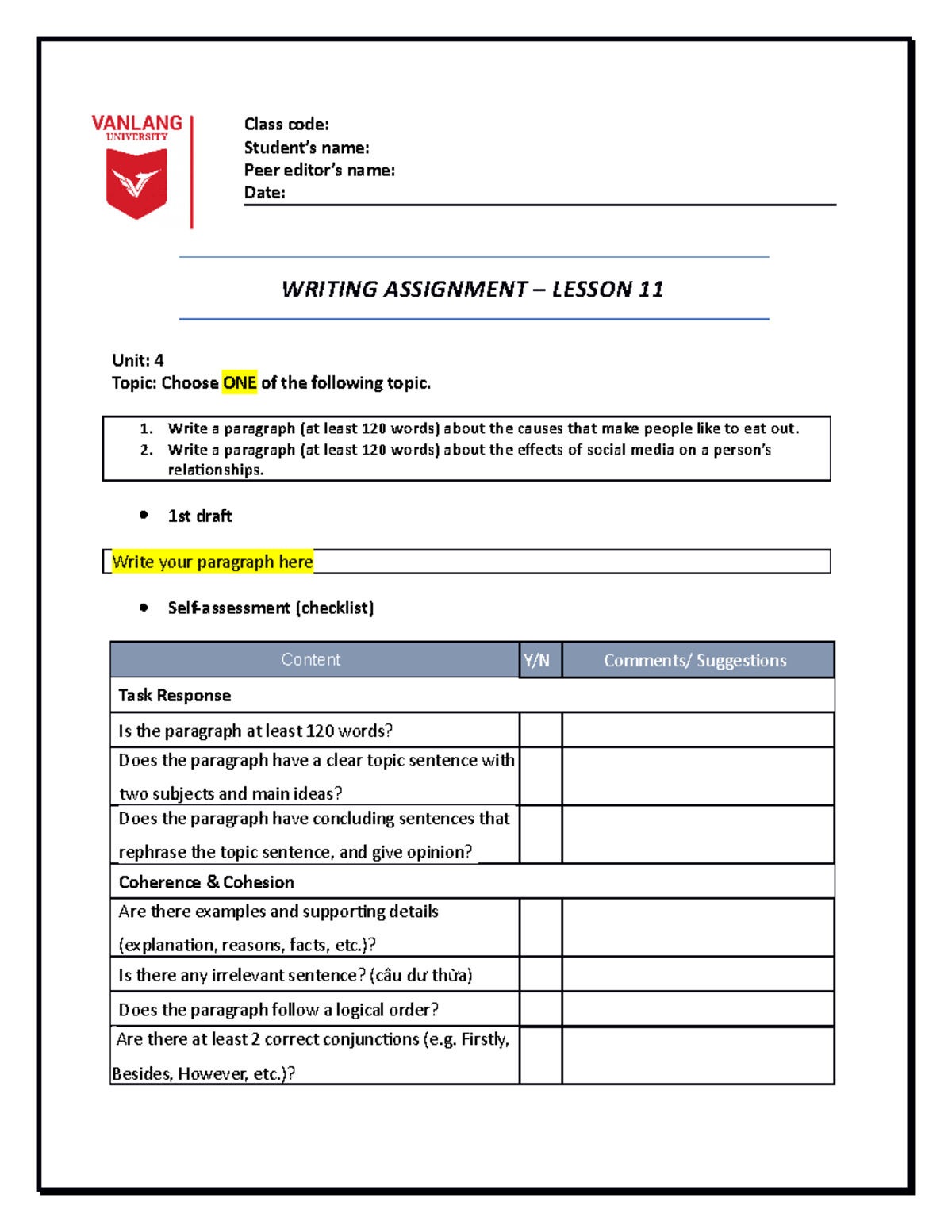 Writing Assignment - Lesson 11 - Class code: Student’s name: Peer editor’s name: Date: WRITING ...