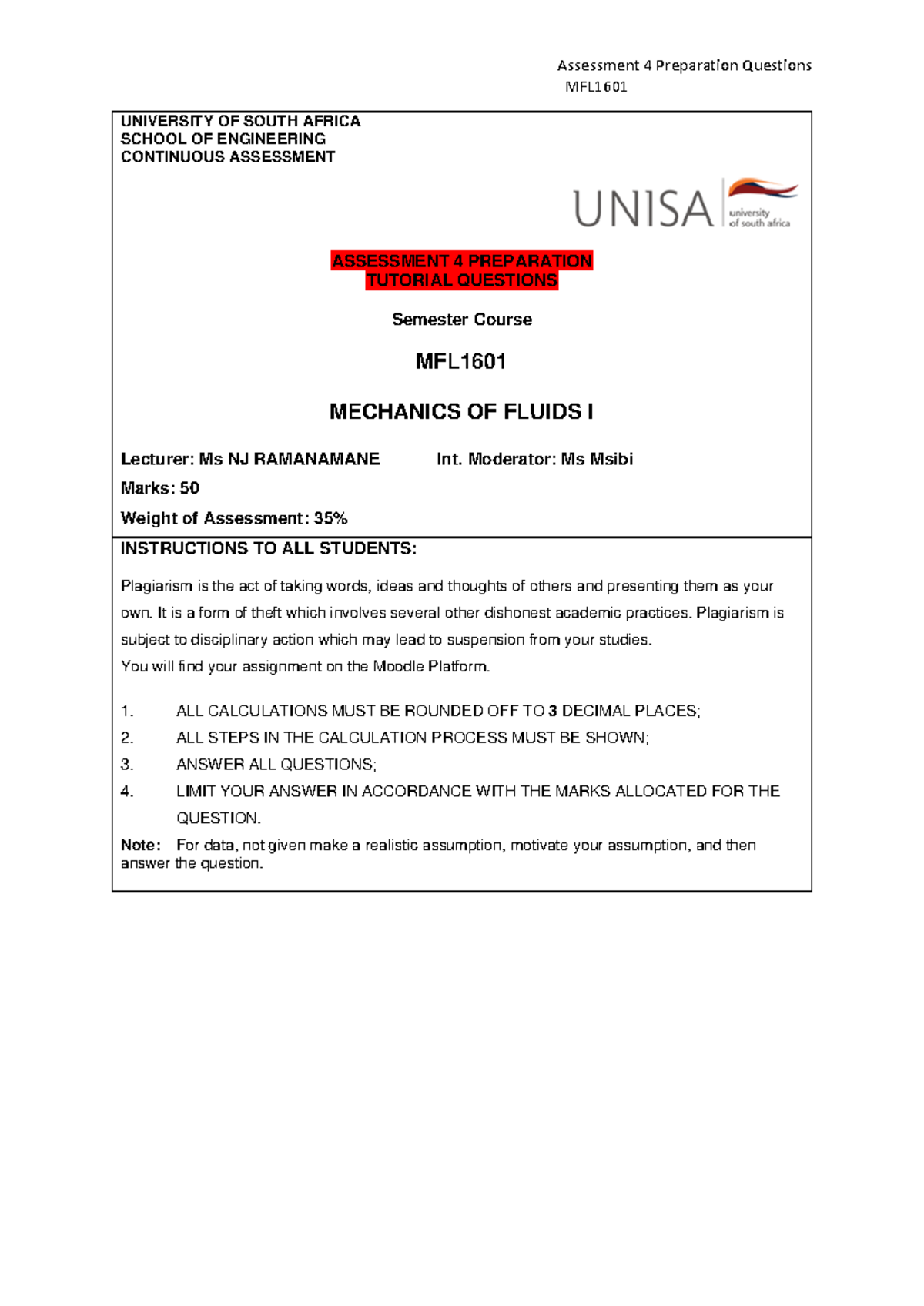 Assessment 4 tutorial questions - MFL UNIVERSITY OF SOUTH AFRICA SCHOOL ...