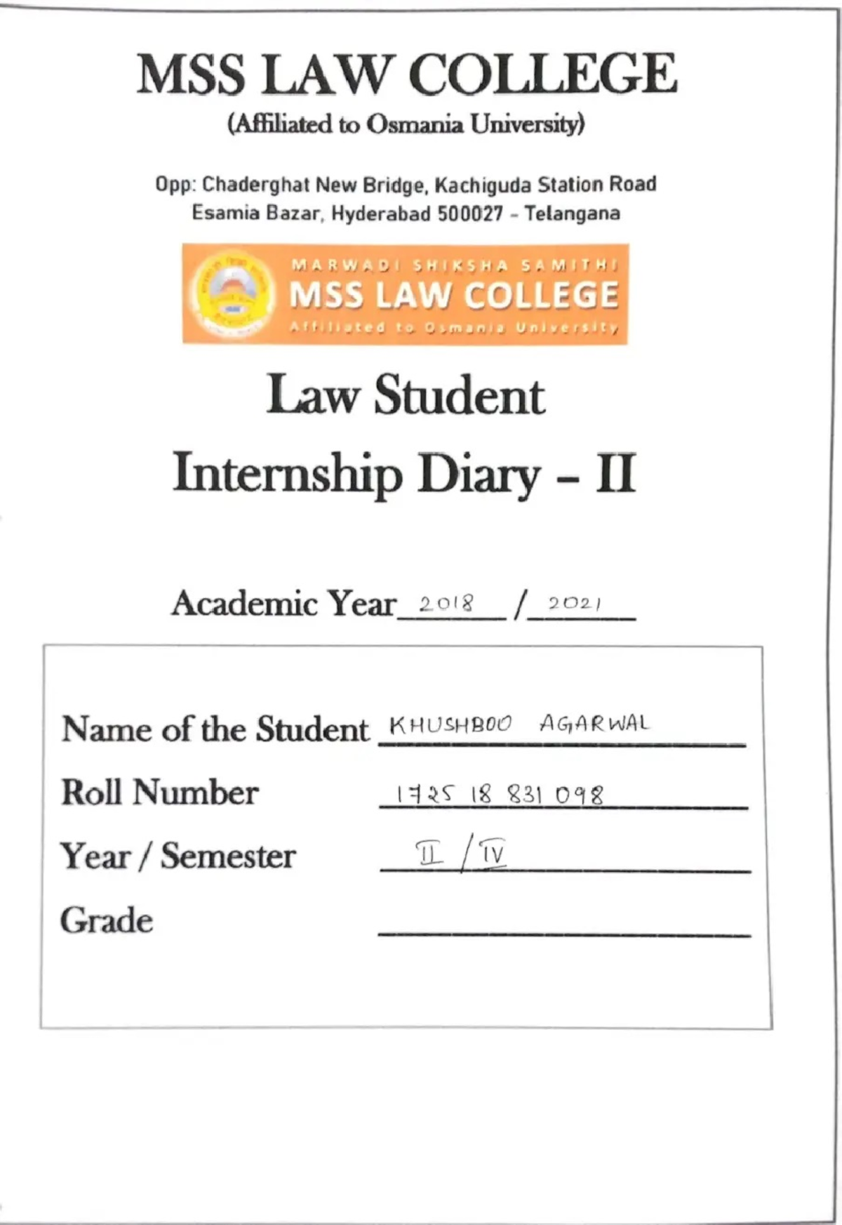 Mss law college Kushoo agarwal Internship record 18-21 - llB 3ydc ...