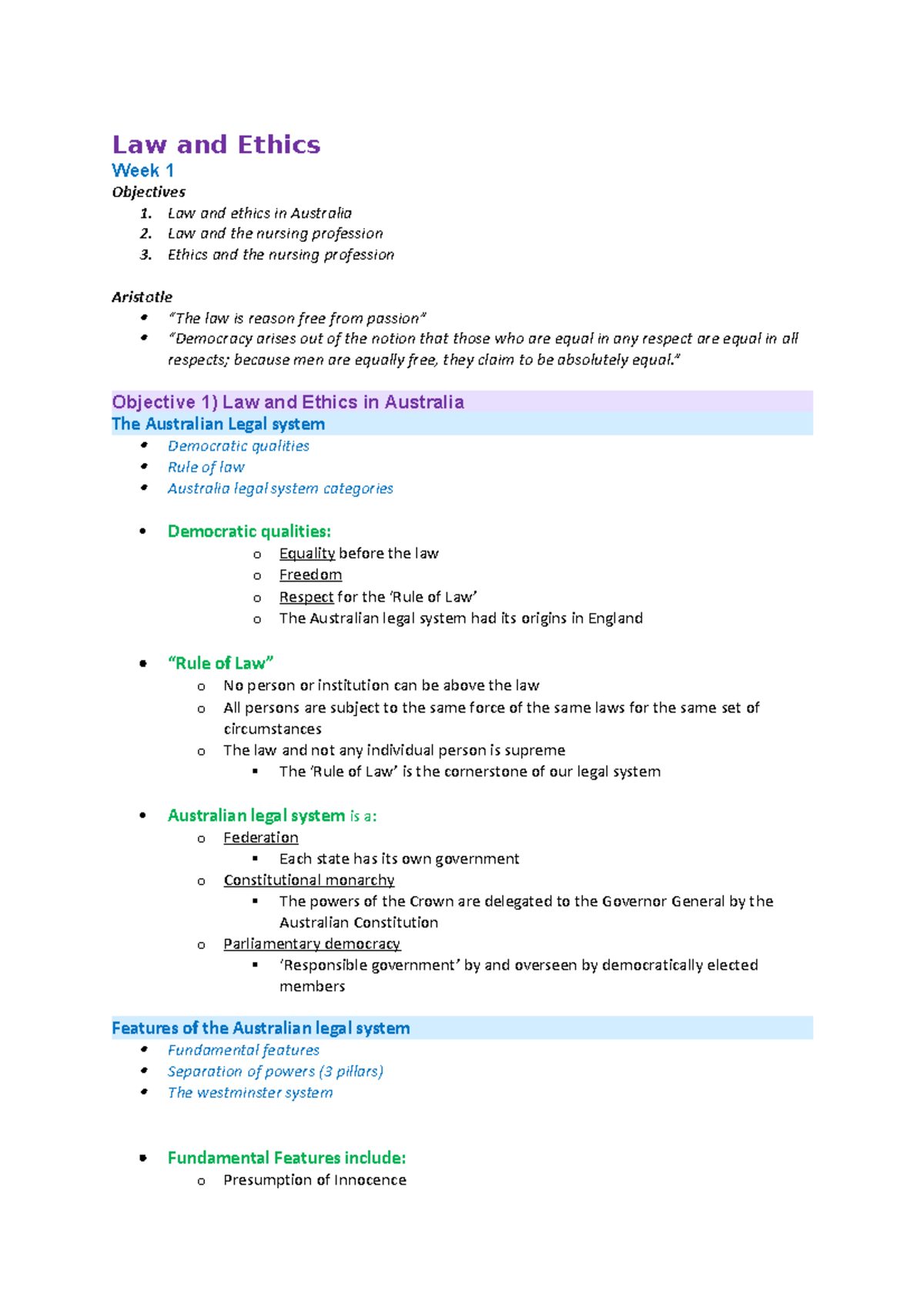 Law and Ethics notes - Law and Ethics Week 1 Objectives 1. Law and ...