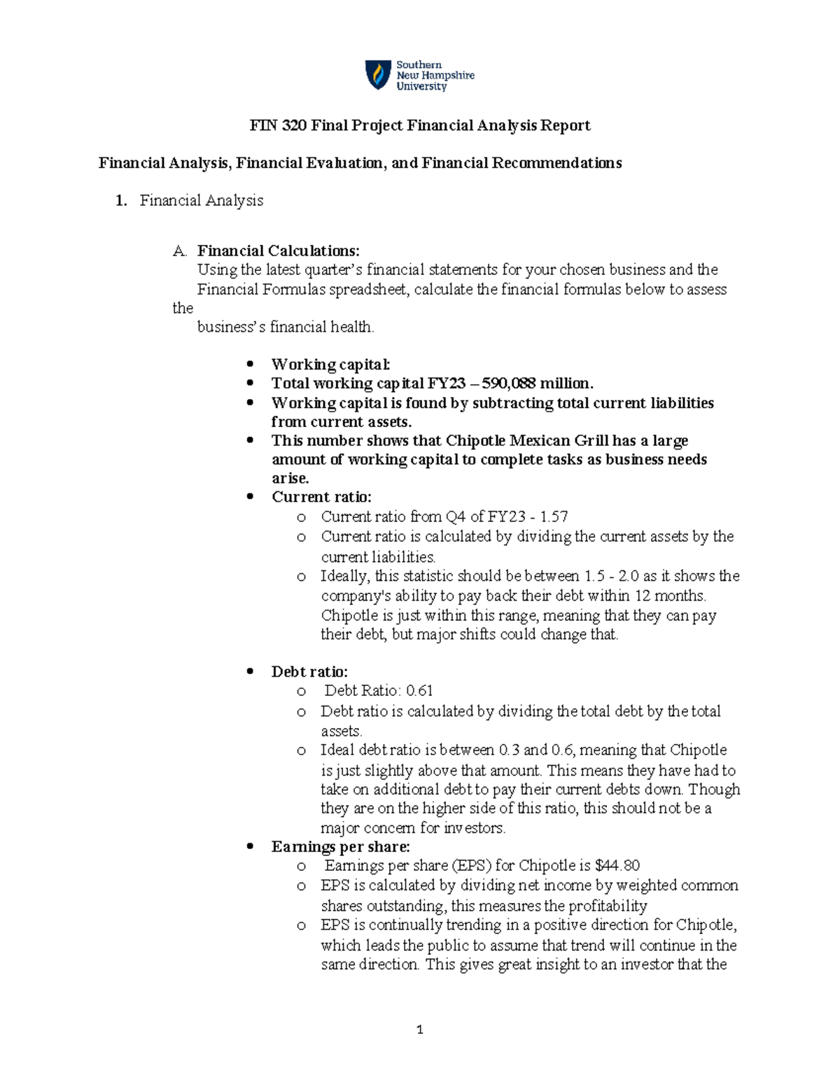 FIN 320 Final Project Financial Analysis Report - Financial Analysis A ...