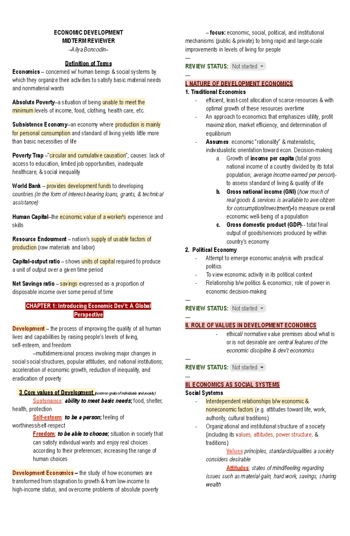 Economic Dev't review material - ECONOMIC DEVELOPMENT MIDTERM REVIEWER ...
