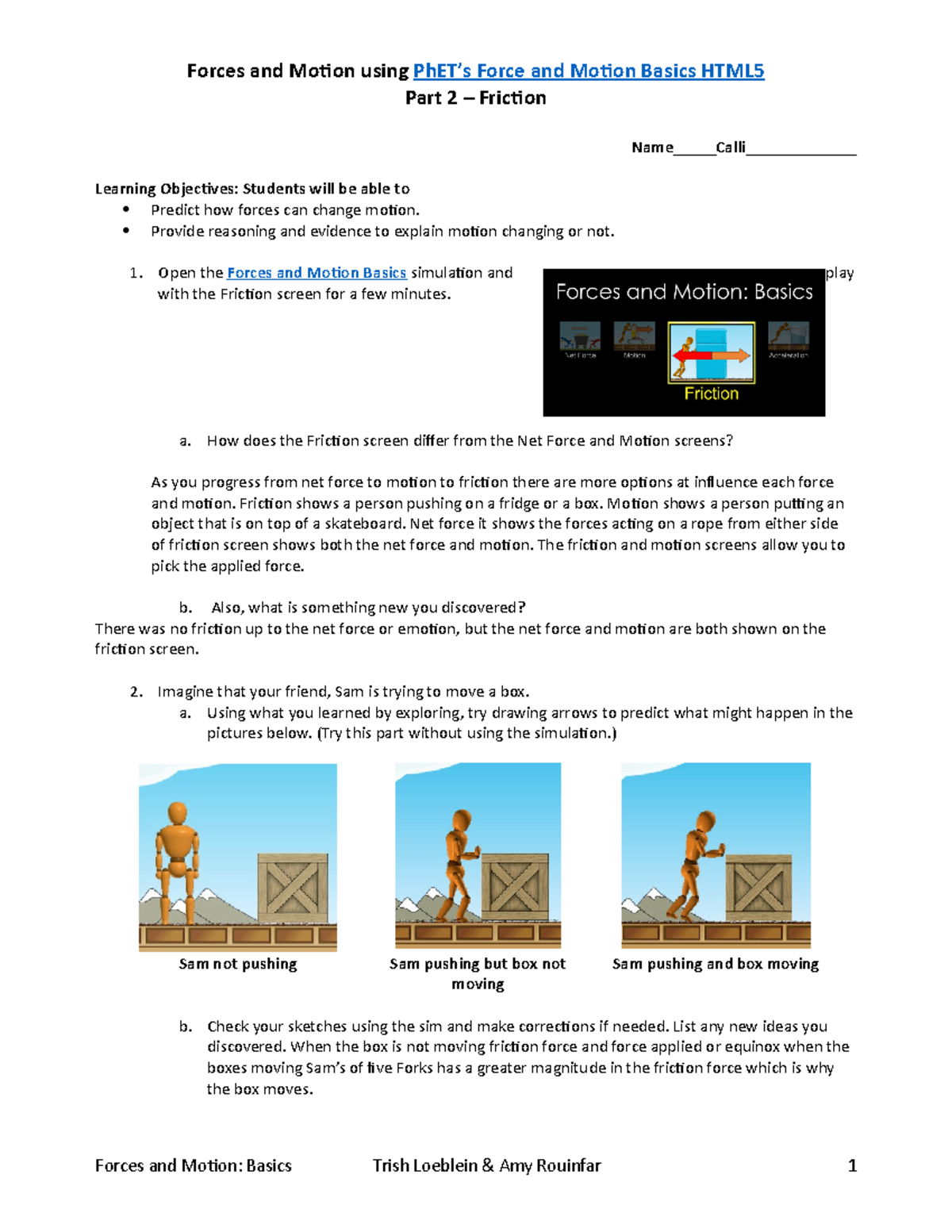 2Force Motion Basics - hkjgkj - Forces and Motion using PhET’s Force and Motion Basics HTML Part ...