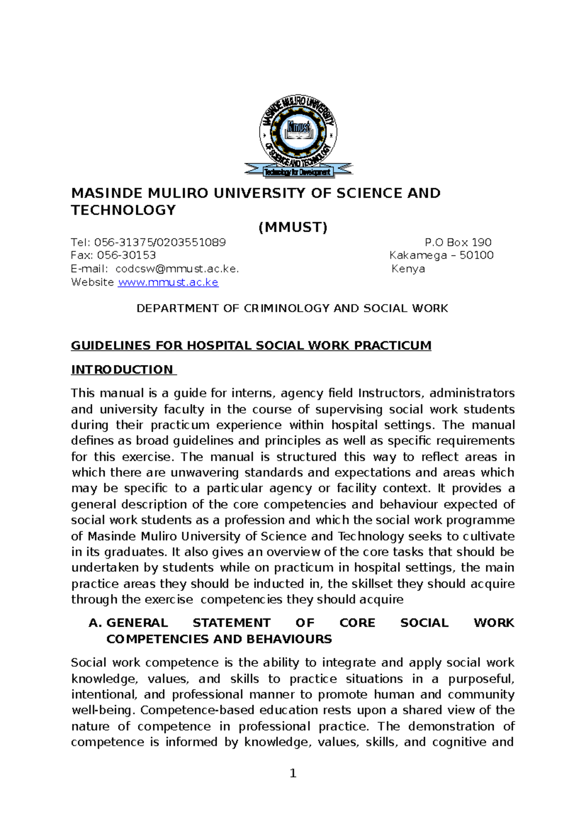 Hospital Social WORK Guidelines - MASINDE MULIRO UNIVERSITY OF SCIENCE ...