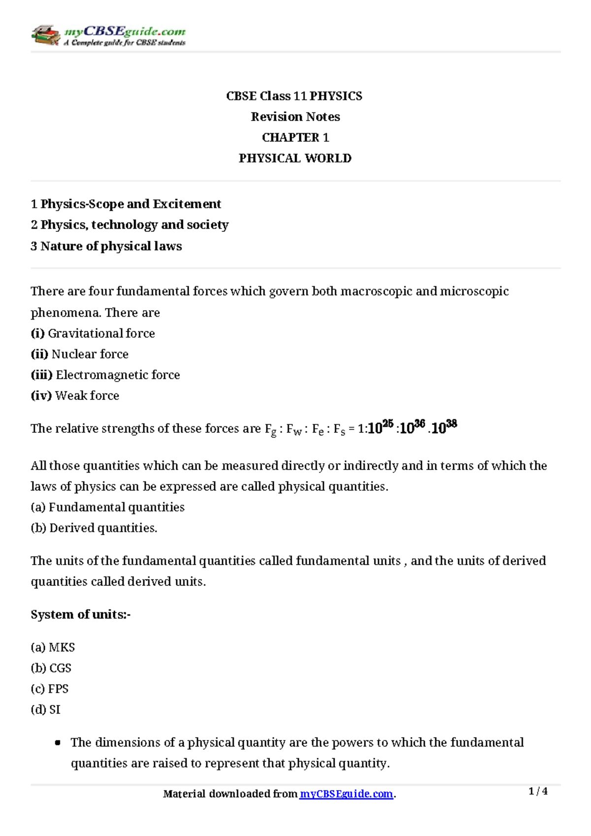 1 - notes - CBSE Class 11 PHYSICS Revision Notes CHAPTER PHYSICAL WORLD ...