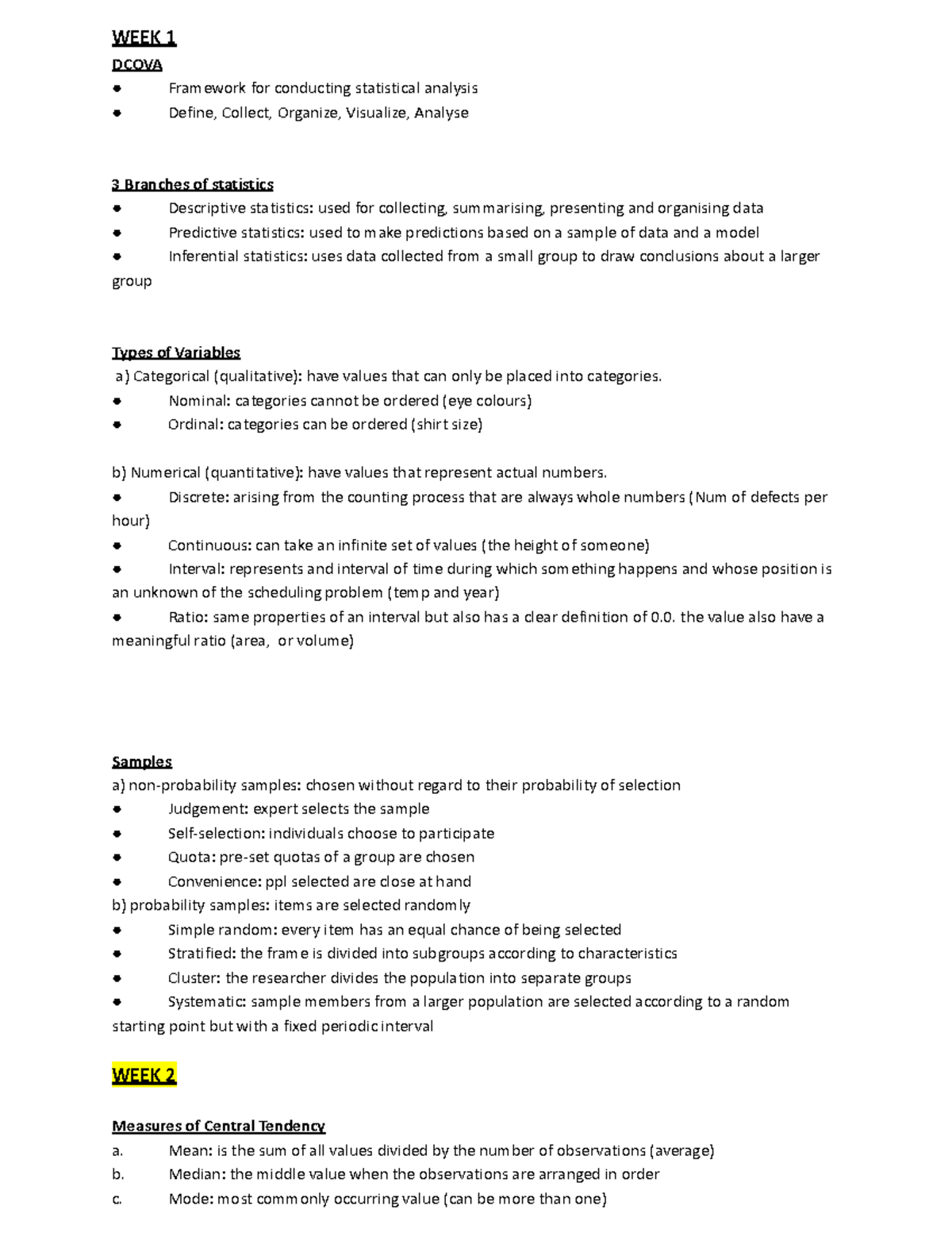Buss1020 - Lecture notes - WEEK 1 DCOVA Framework for conducting ...