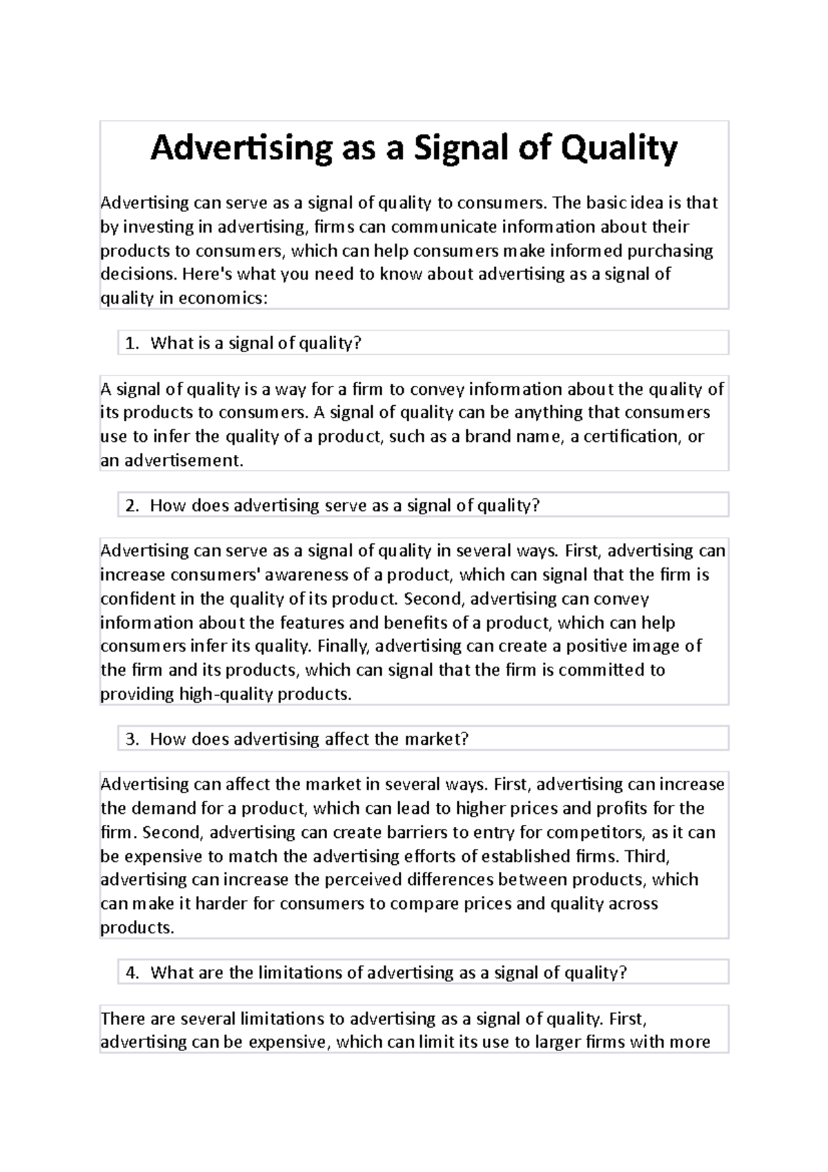 Advertising as a Signal of Quality - Advertising as a Signal of Quality ...