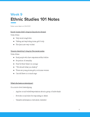 Ethnic Studies 101; Week 10 Notes - Week 10 Ethnic Studies 101 Notes ...
