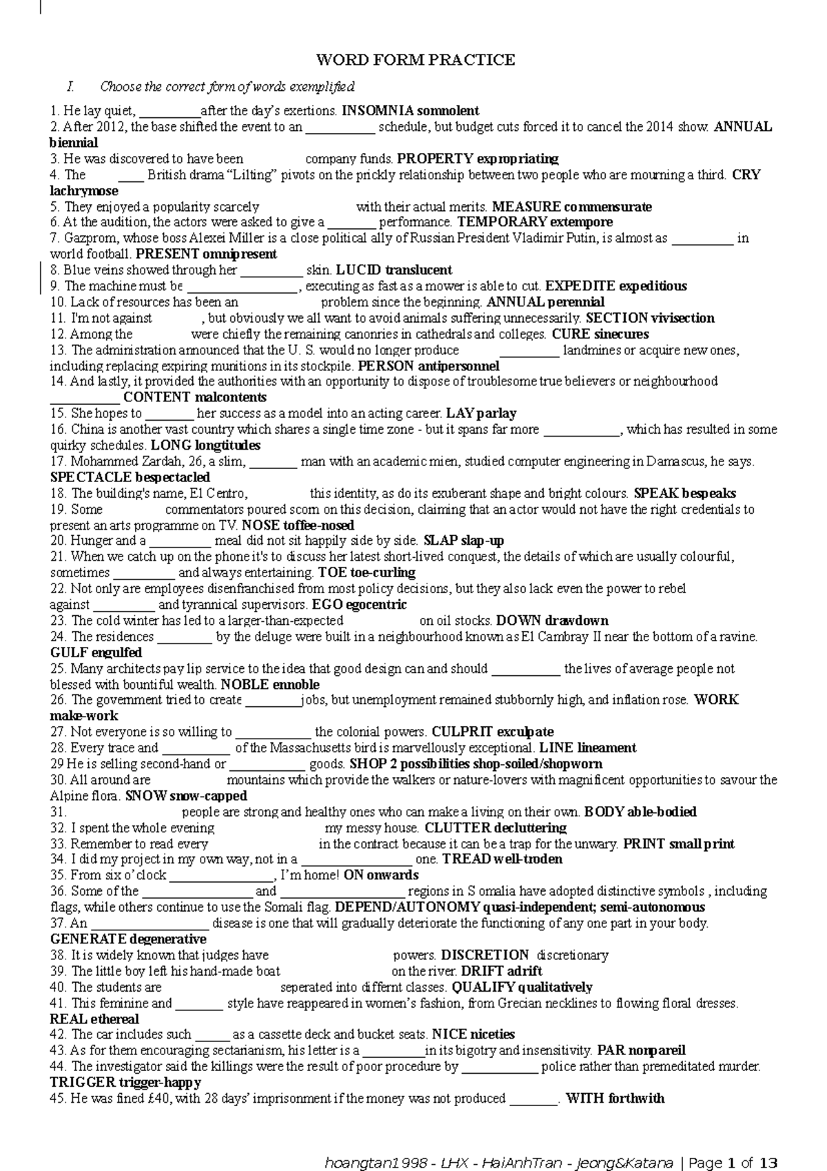 450 wordform - For NATIONAL ENGLISH CONTEST - WORD FORM PRACTICE I ...