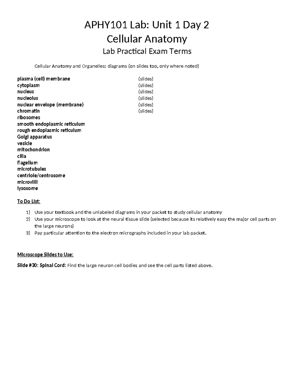 APHY101 Lab 1-2 Cellular Anatomy - APHY101 Lab: Unit 1 Day 2 Cellular ...