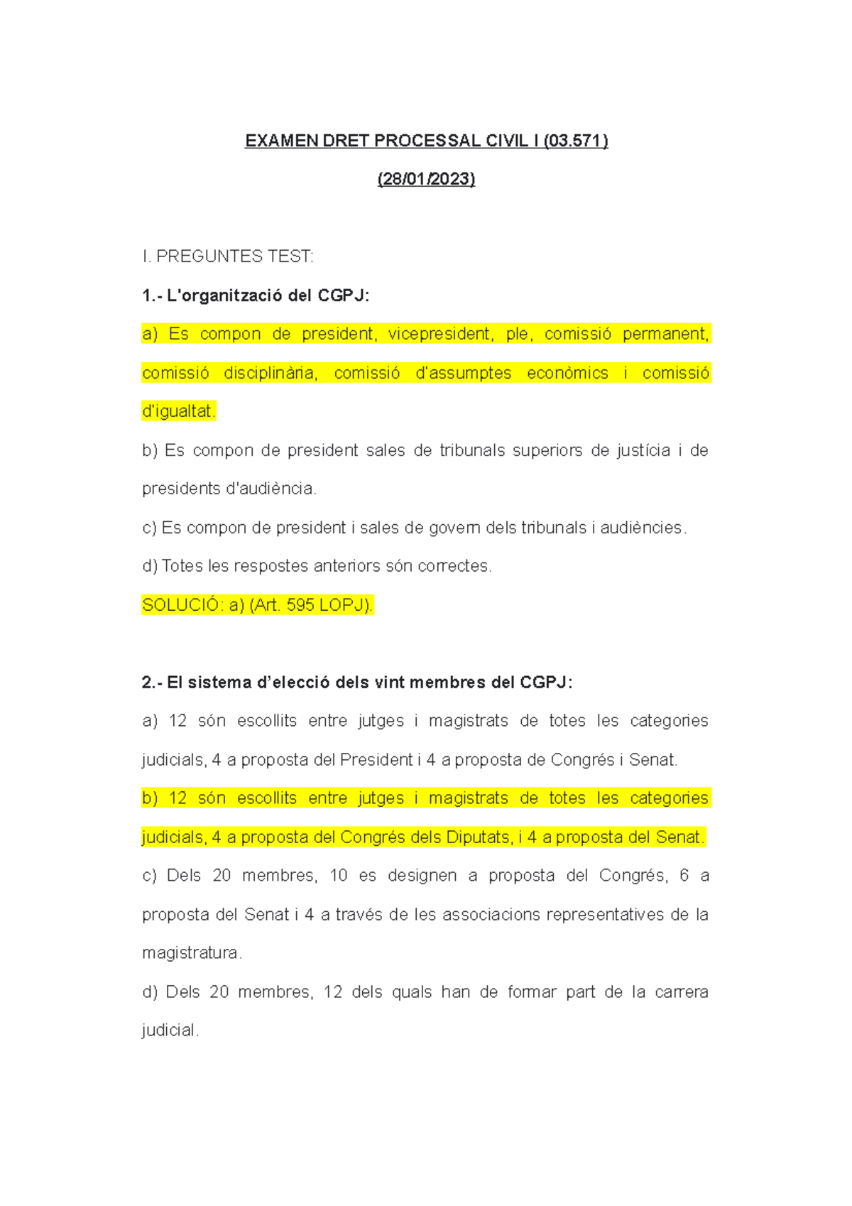 CAT EX 2023-01-28 - PS PRIMER SEMESTRE CURSO 2022-2023 - EXAMEN DRET PROCESSAL CIVIL I (03 ...