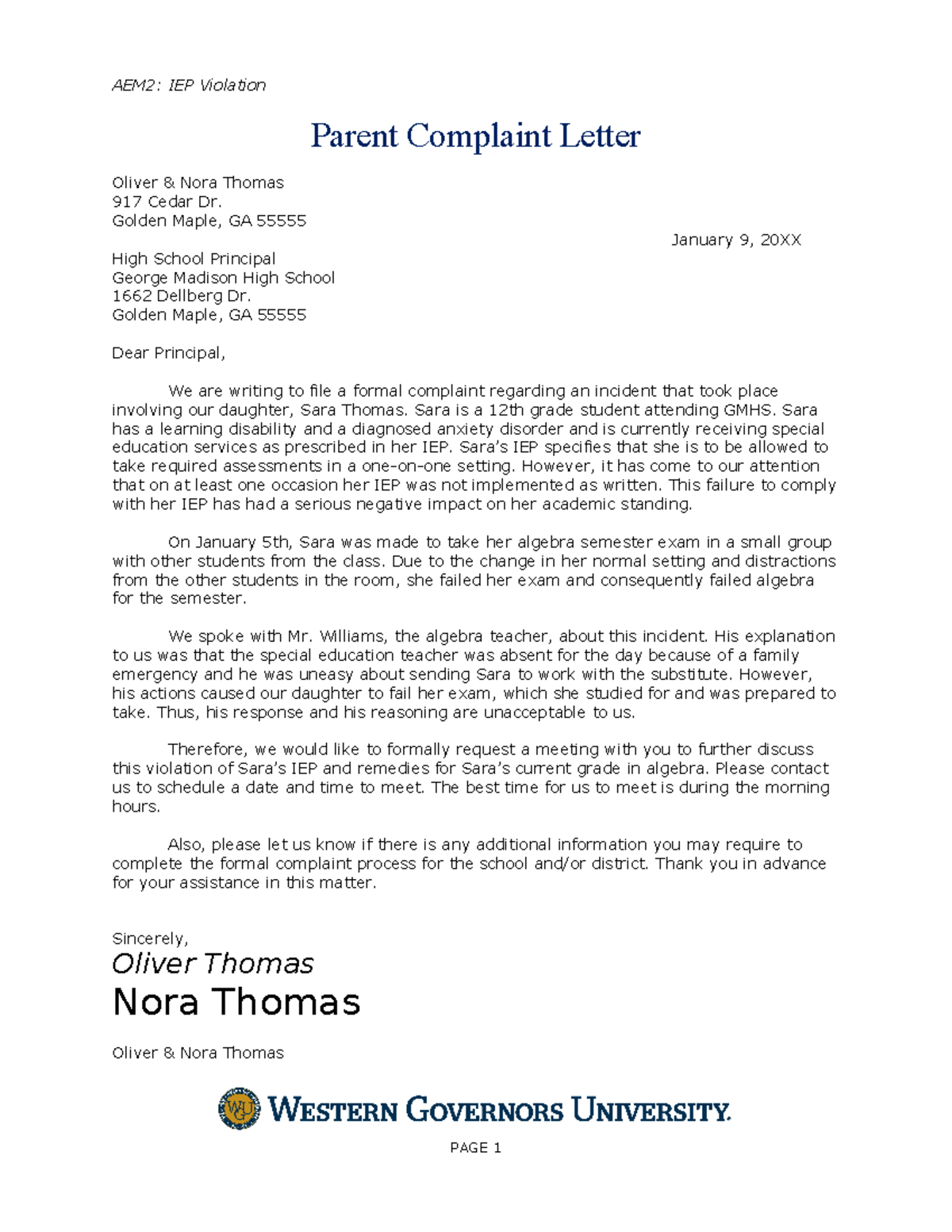 AEM2 Task 2 Parent Complaint Letter - AEM2: IEP Violation Parent ...