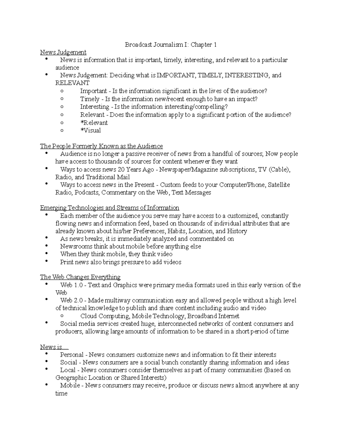 Broadcast Journalism I Chapter 1 Notes - .. Personal - News consumers ...
