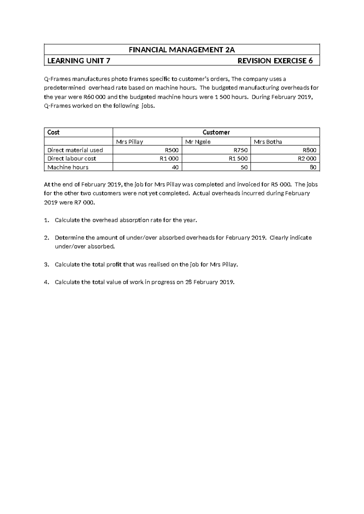 FINM2A LU 7 REV EX 6 - Prac IT - FINANCIAL MANAGEMENT 2A LEARNING UNIT ...