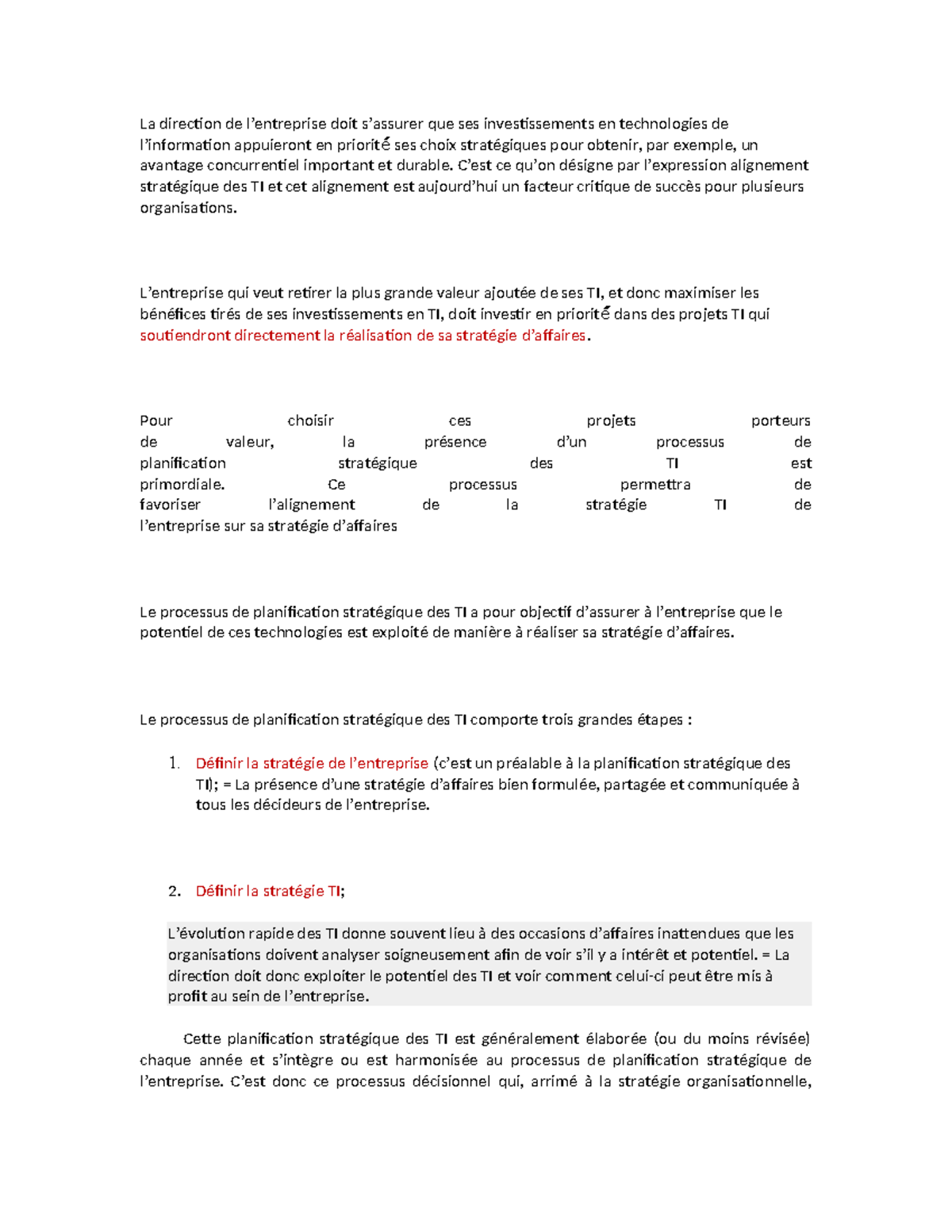Résumé OTI - La direction de l’entreprise doit s’assurer que ses ...