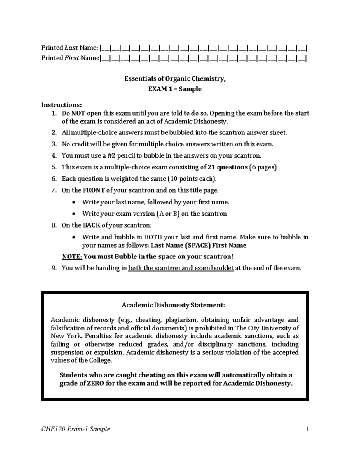 CHE 120 Exam-1 Sample with Key-2 - Printed Last Name ...