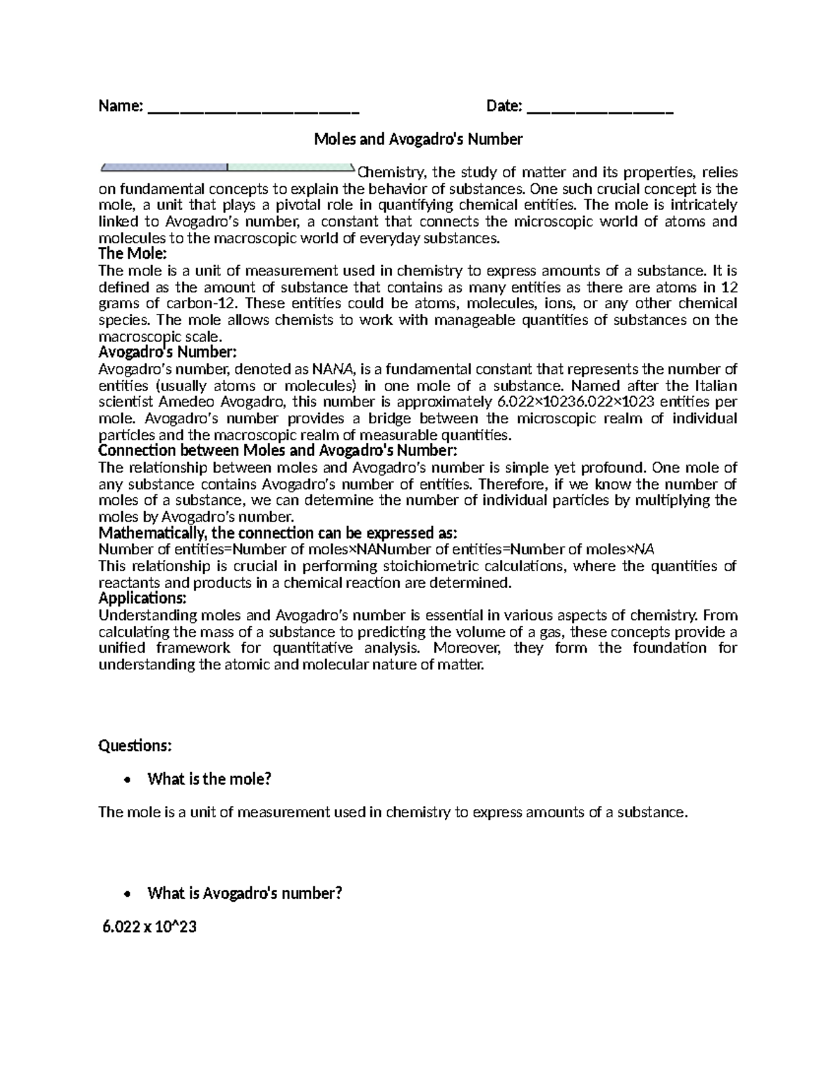 Moles and Avogadros Number Reading Passage(done) - Name ...