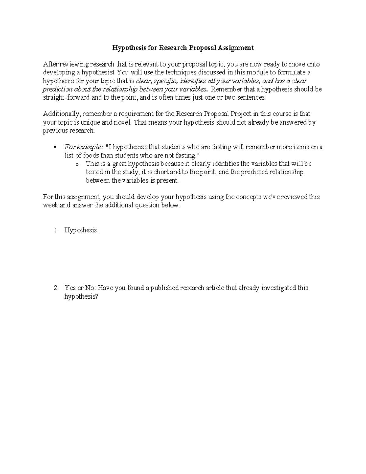 Assignment Hypothesis for Research Proposal - Hypothesis for Research ...