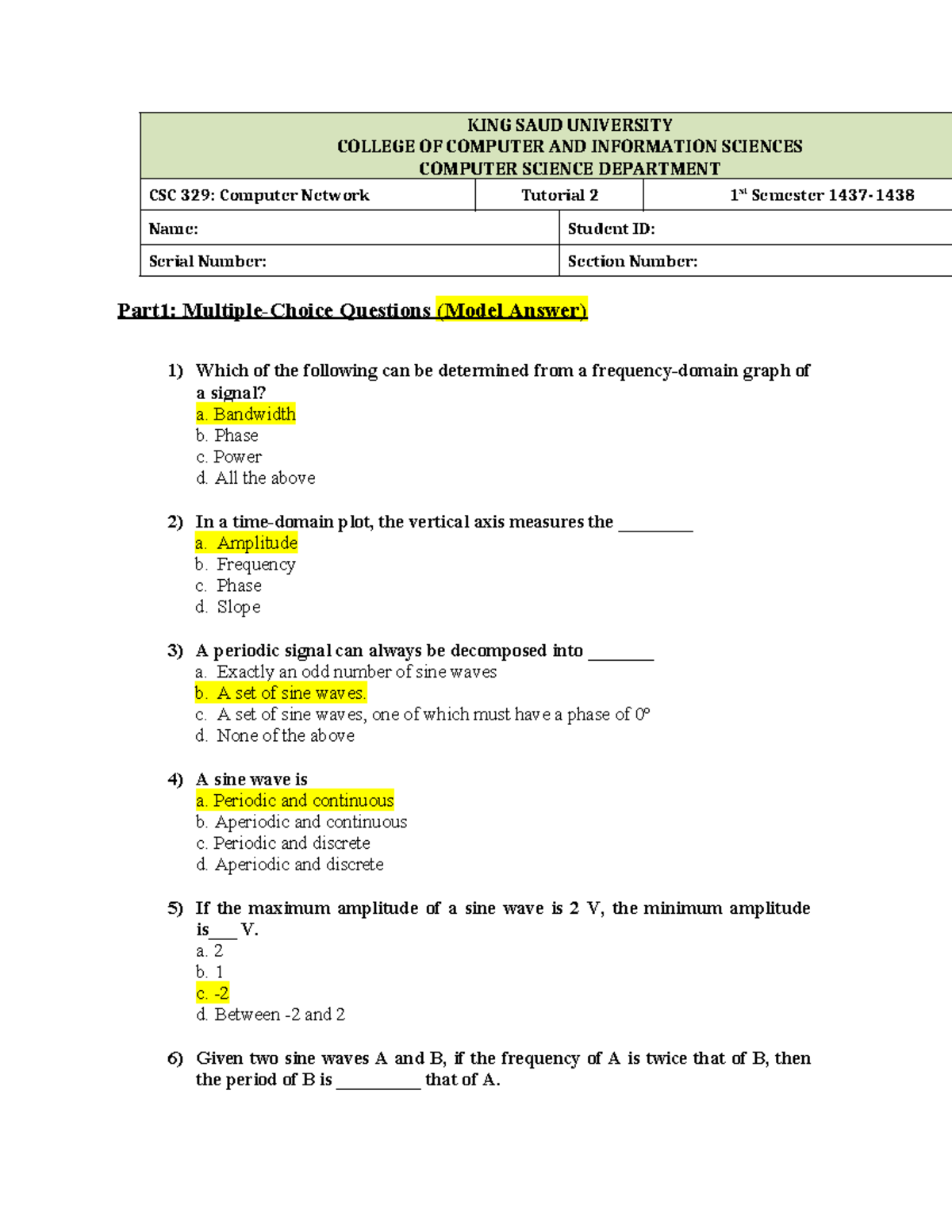 Tutorial 2 modelanswer - KING SAUD UNIVERSITY COLLEGE OF COMPUTER AND INFORMATION SCIENCES ...