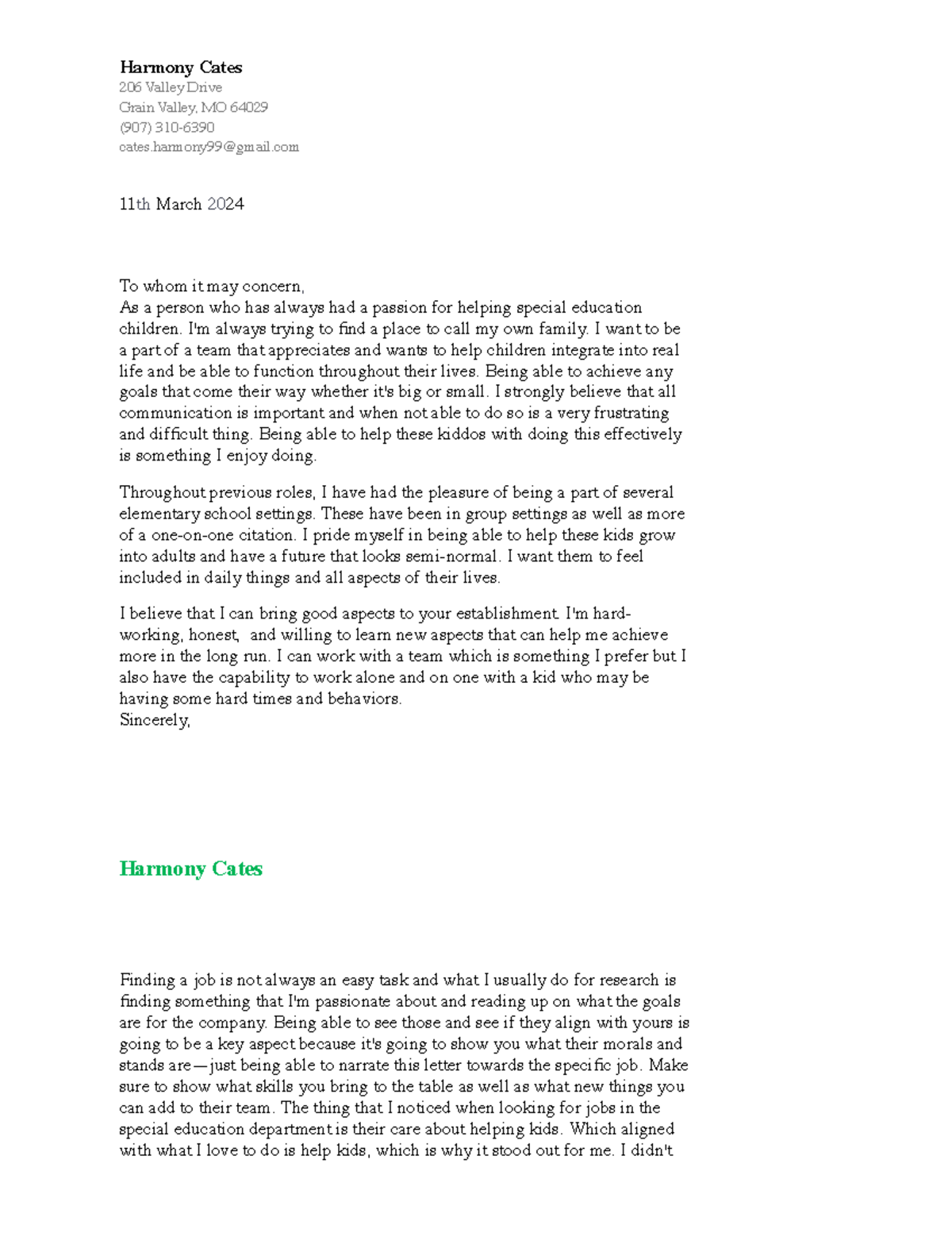 Letter - aaaa - Harmony Cates 206 Valley Drive Grain Valley, MO 64029 ...