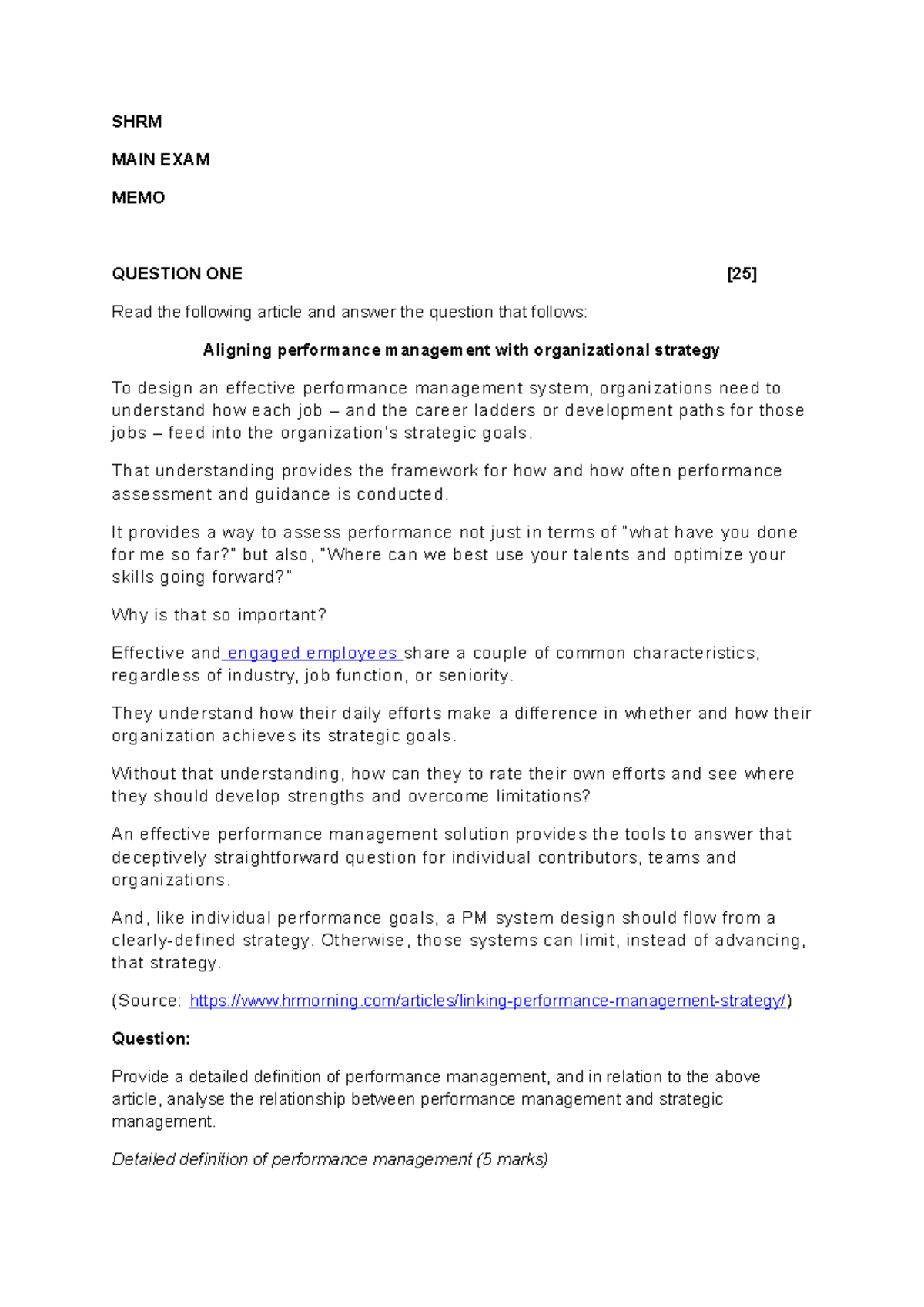 Bcomhr Strategic Human Resource Management Memo Shrm Main Exam Memo