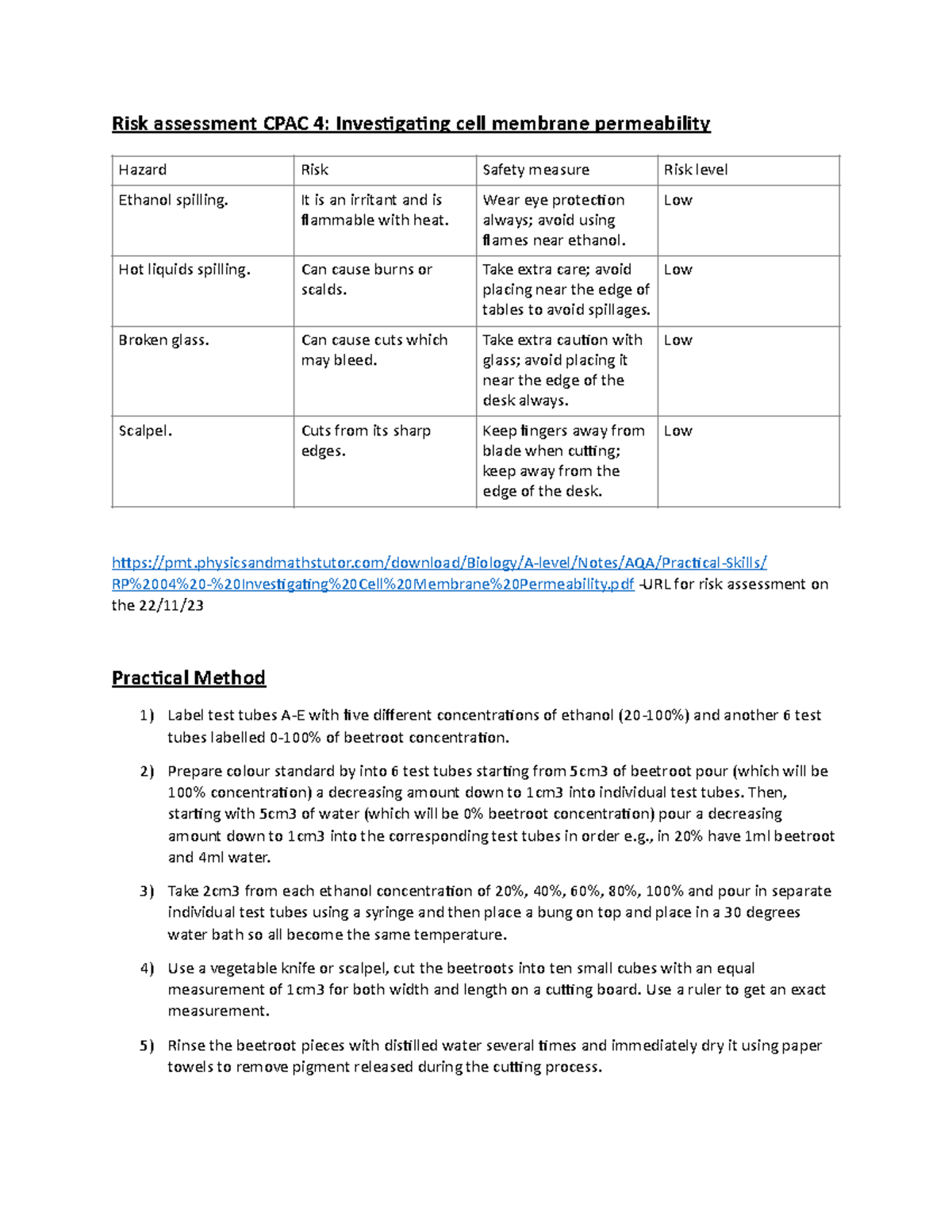 Biology risk: practical beetroot membrane - Risk assessment CPAC 4: Inves 2 ga 2 ng cell ...