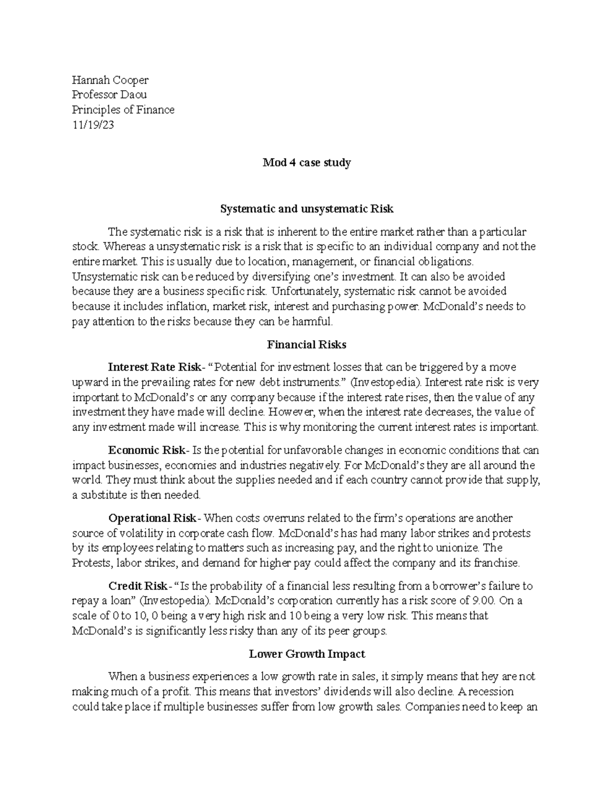 Fin 320 mod 4 case study - Hannah Cooper Professor Daou Principles of ...