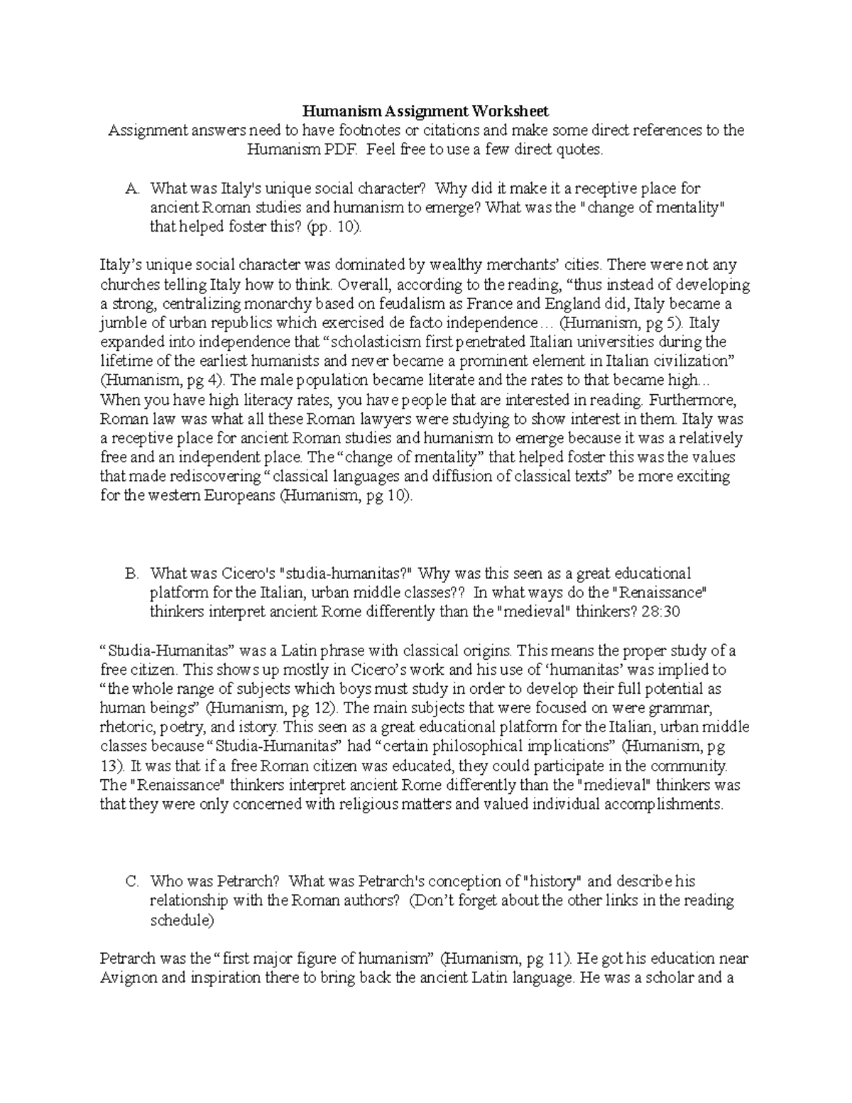 Humanism Assignment Worksheet 2nd draft - Humanism Assignment Worksheet ...